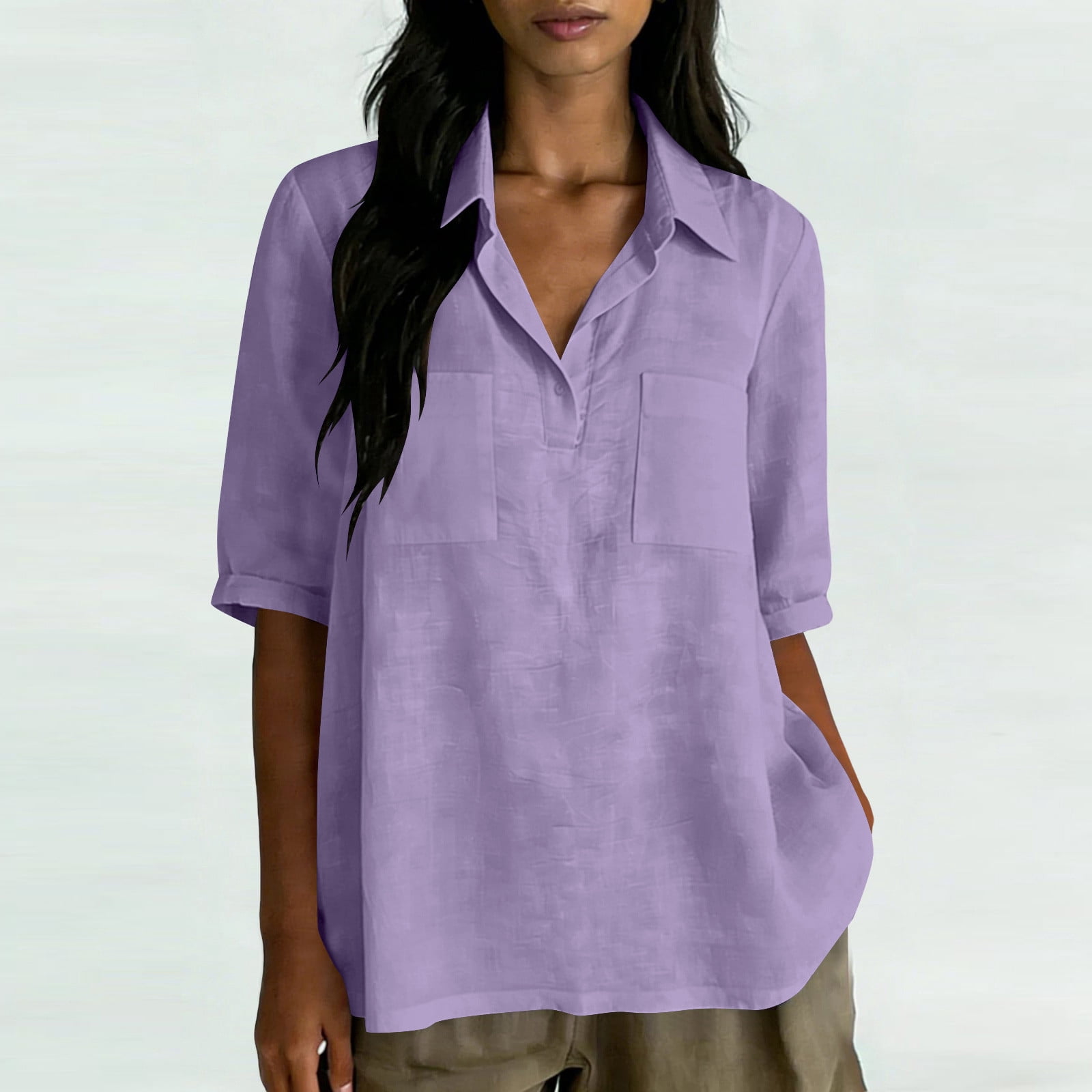 SSZMDLB Women Collared Short Sleeve Button Down Blouse Casual Loose Fit ...