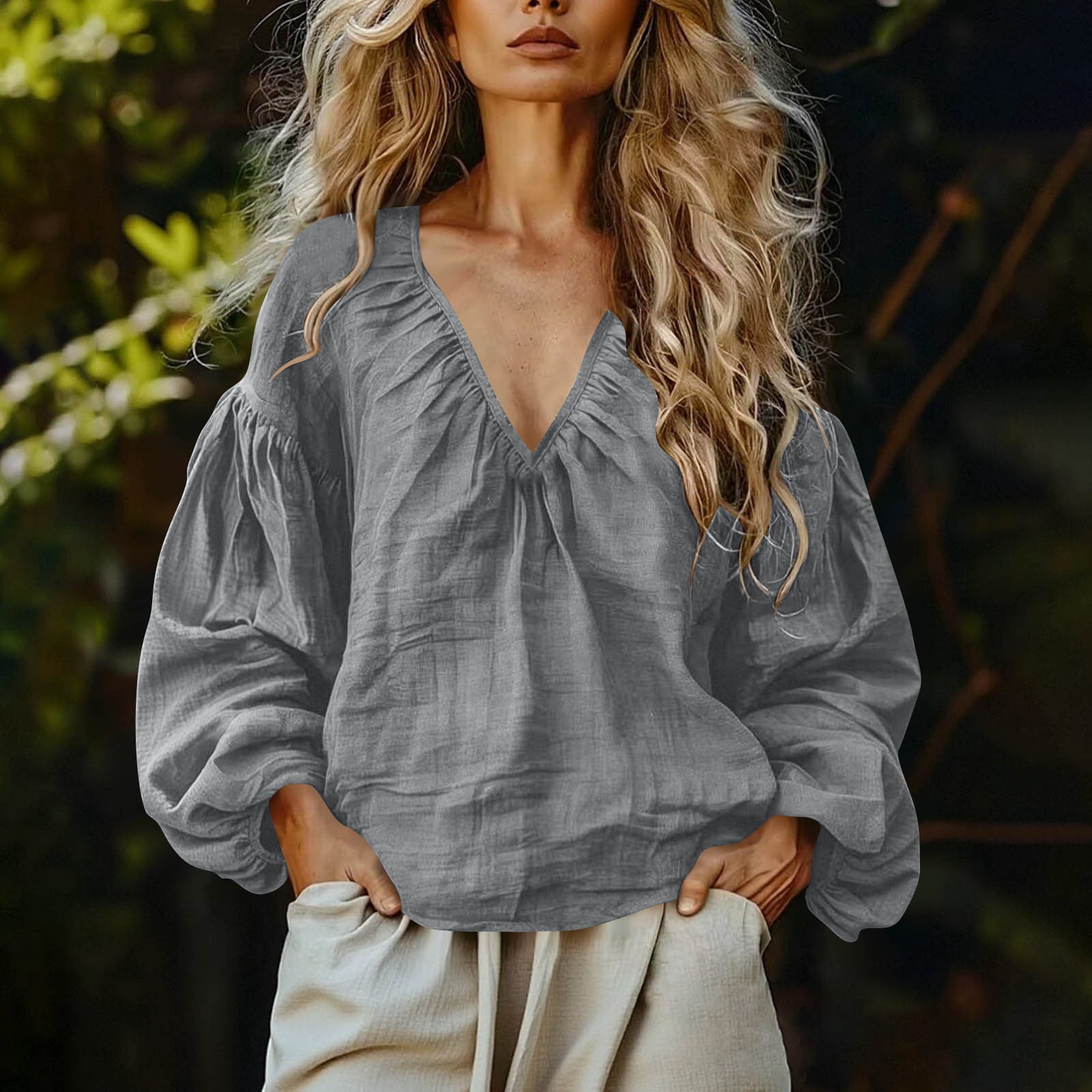 SSZMDLB Women Long Sleeve V Neck Blouse Loose Flowy Tops Casual Boho ...