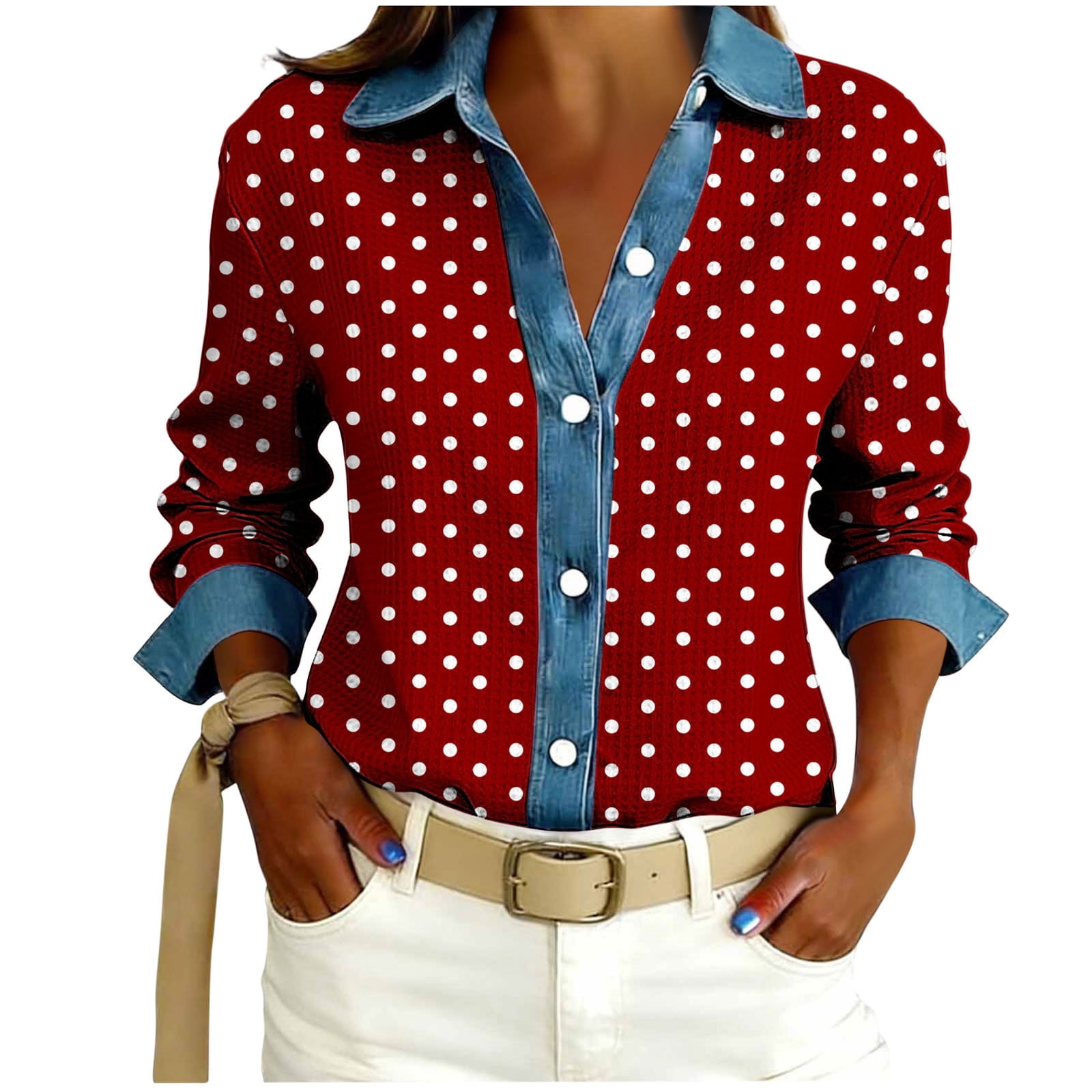 SSZMDLB Women Polka Dot Button Down Blouse Long Sleeve Collared Shirt ...