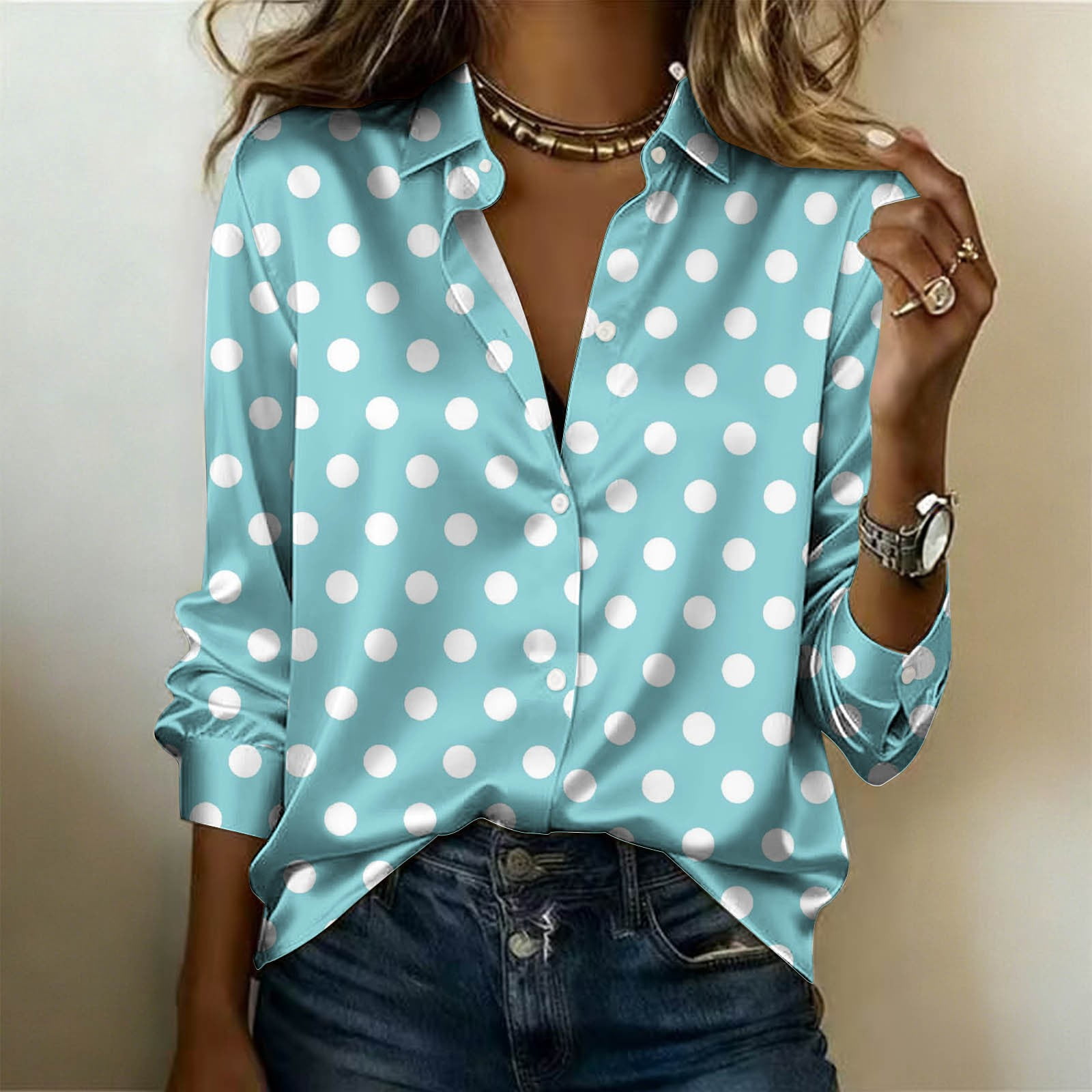 SSZMDLB Women Polka Dot Long Sleeve Button Down Blouse Collared Casual ...