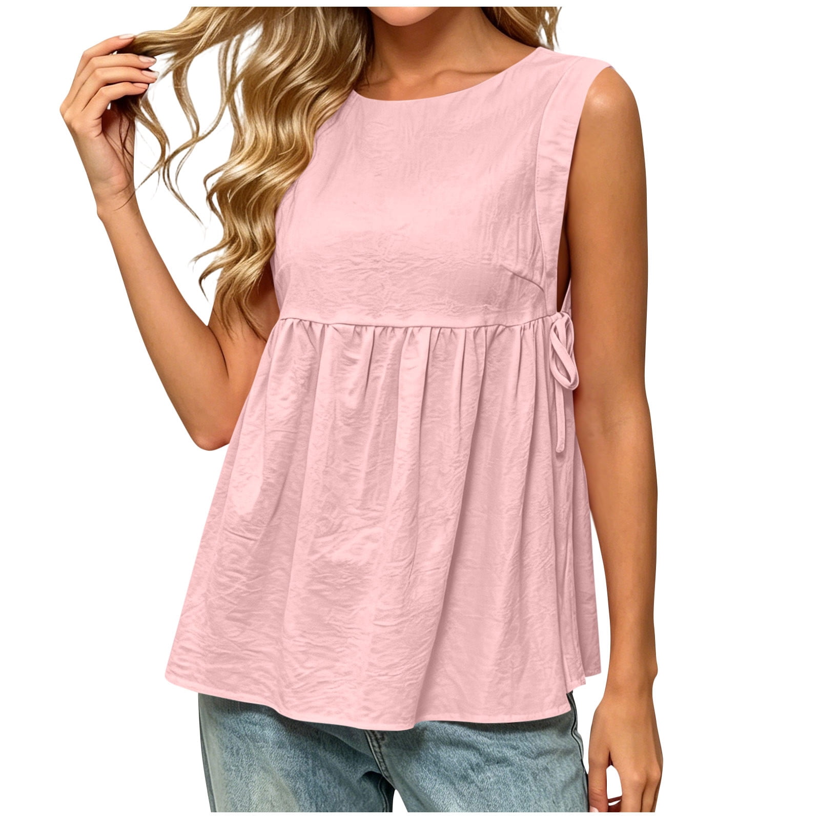 SSZMDLB Women Sleeveless Tank Top Round Neck Pleated Casual Summer Tops ...