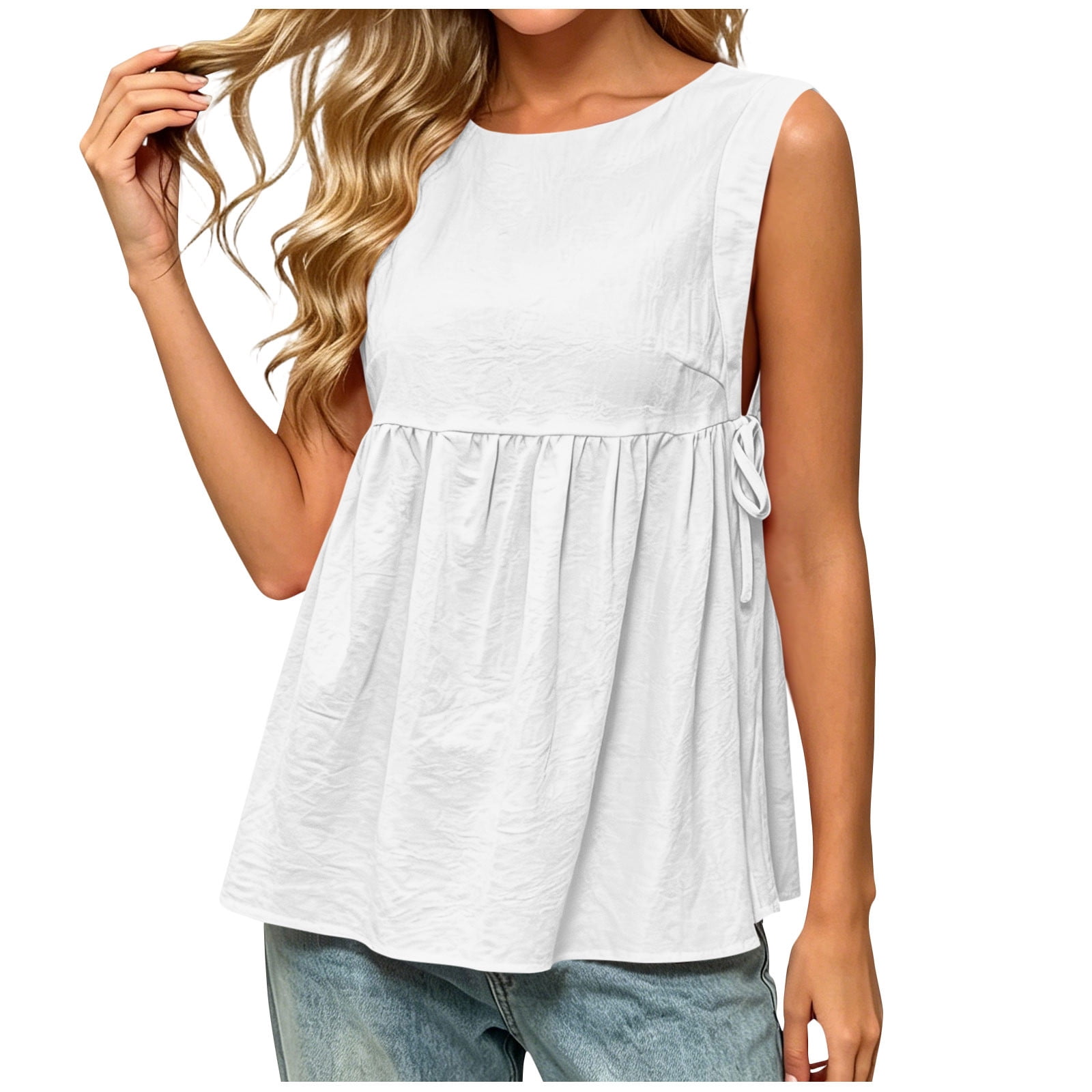 SSZMDLB Women Sleeveless Tank Top Round Neck Pleated Casual Summer Tops ...