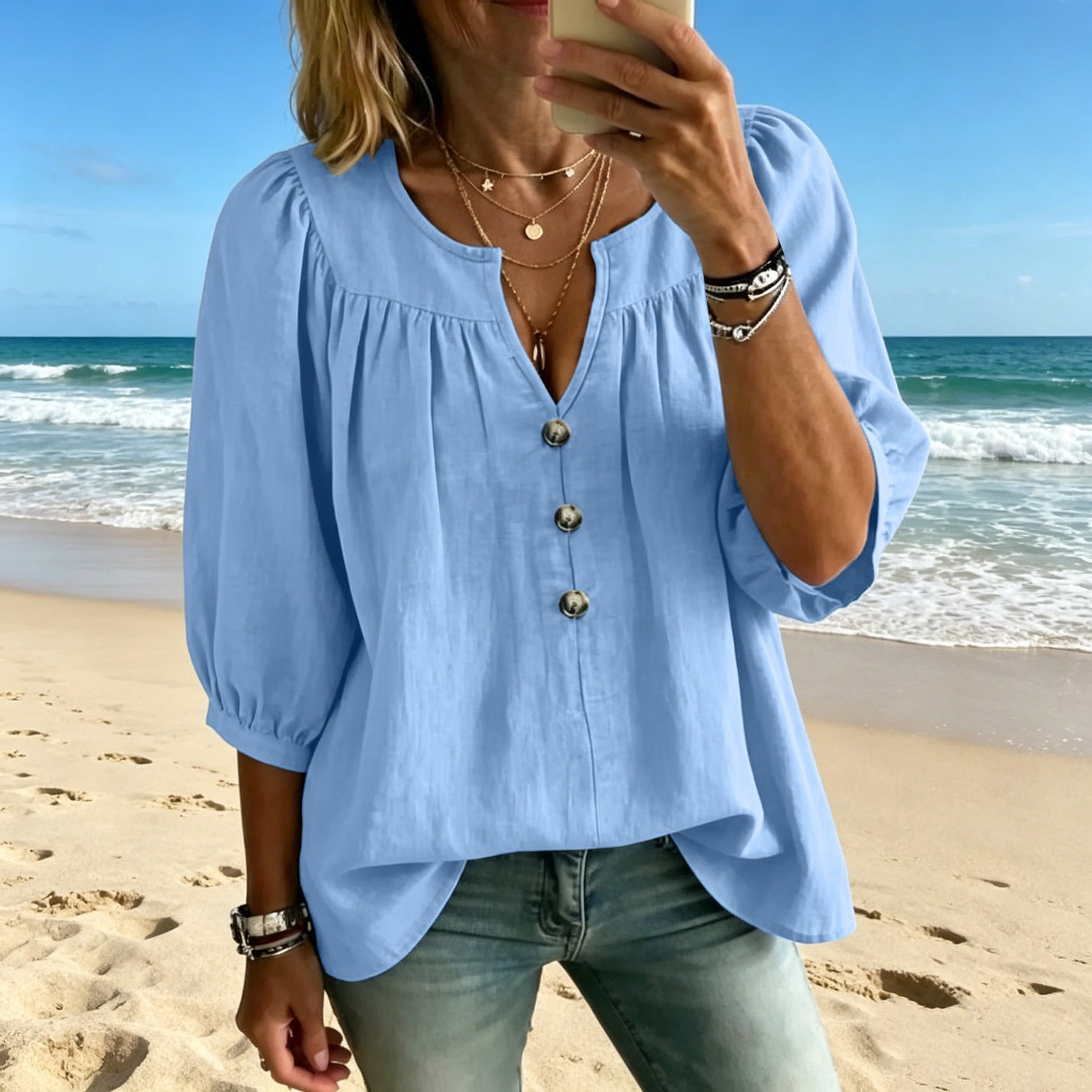 SSZMDLB Women V Neck 3/4 Sleeve Button Down Blouse Casual Loose Fit ...