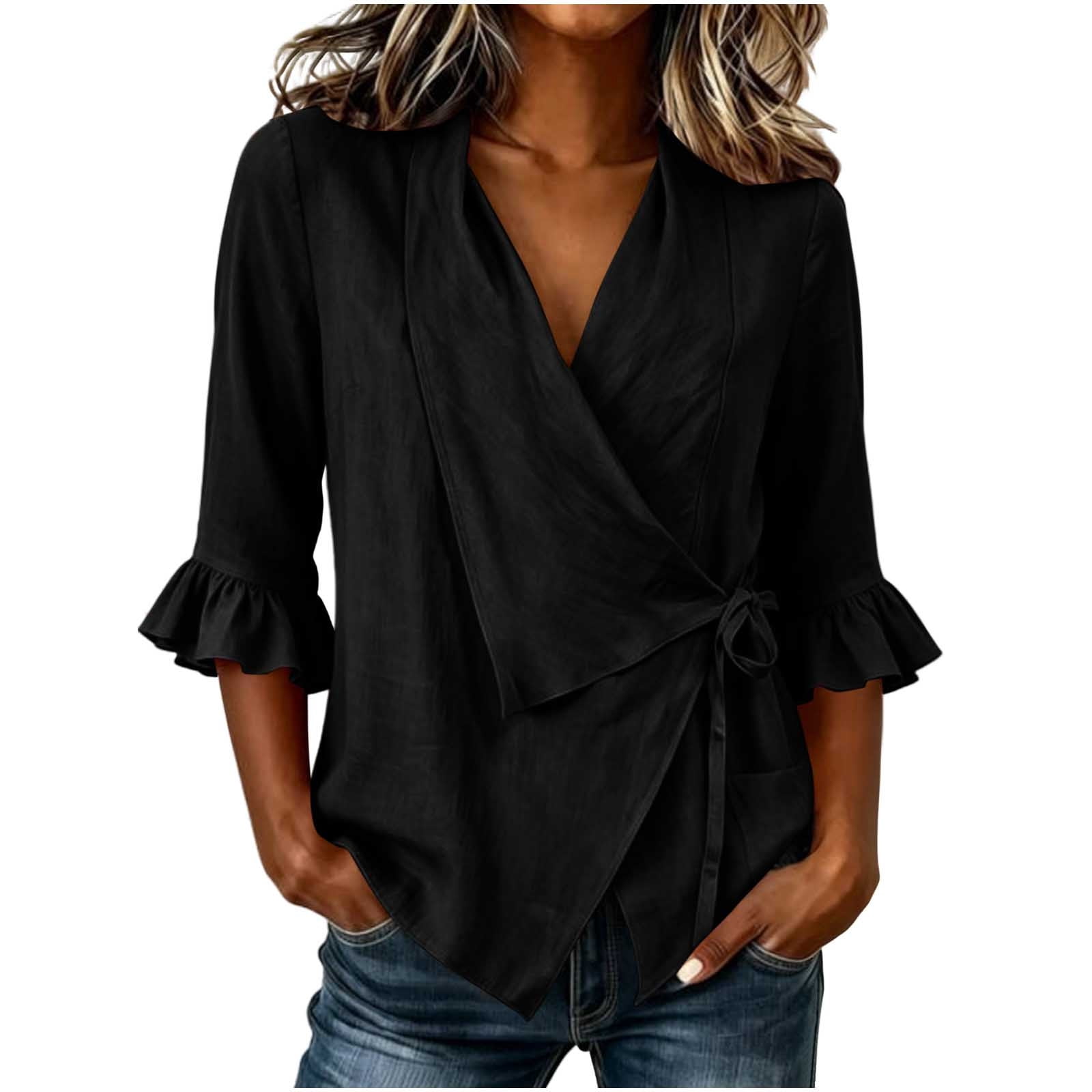 SSZMDLB Women V Neck 3/4 Sleeve Ruffle Wrap Tie Front Casual Boho ...