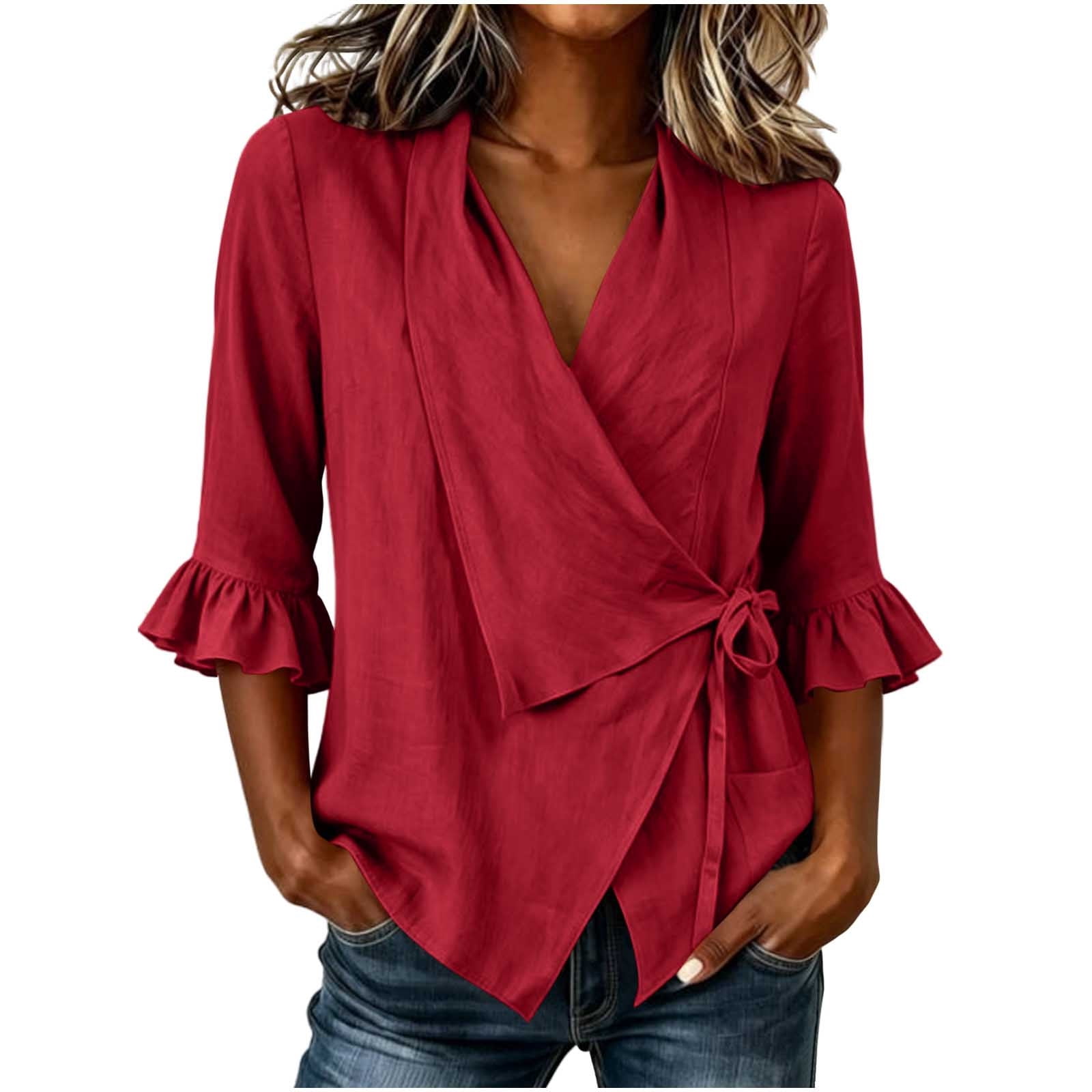 SSZMDLB Women V Neck 3/4 Sleeve Ruffle Wrap Tie Front Casual Boho ...