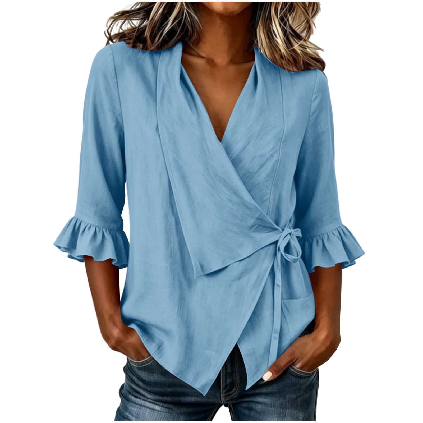 SSZMDLB Women V Neck 3/4 Sleeve Ruffle Wrap Tie Front Casual Boho ...
