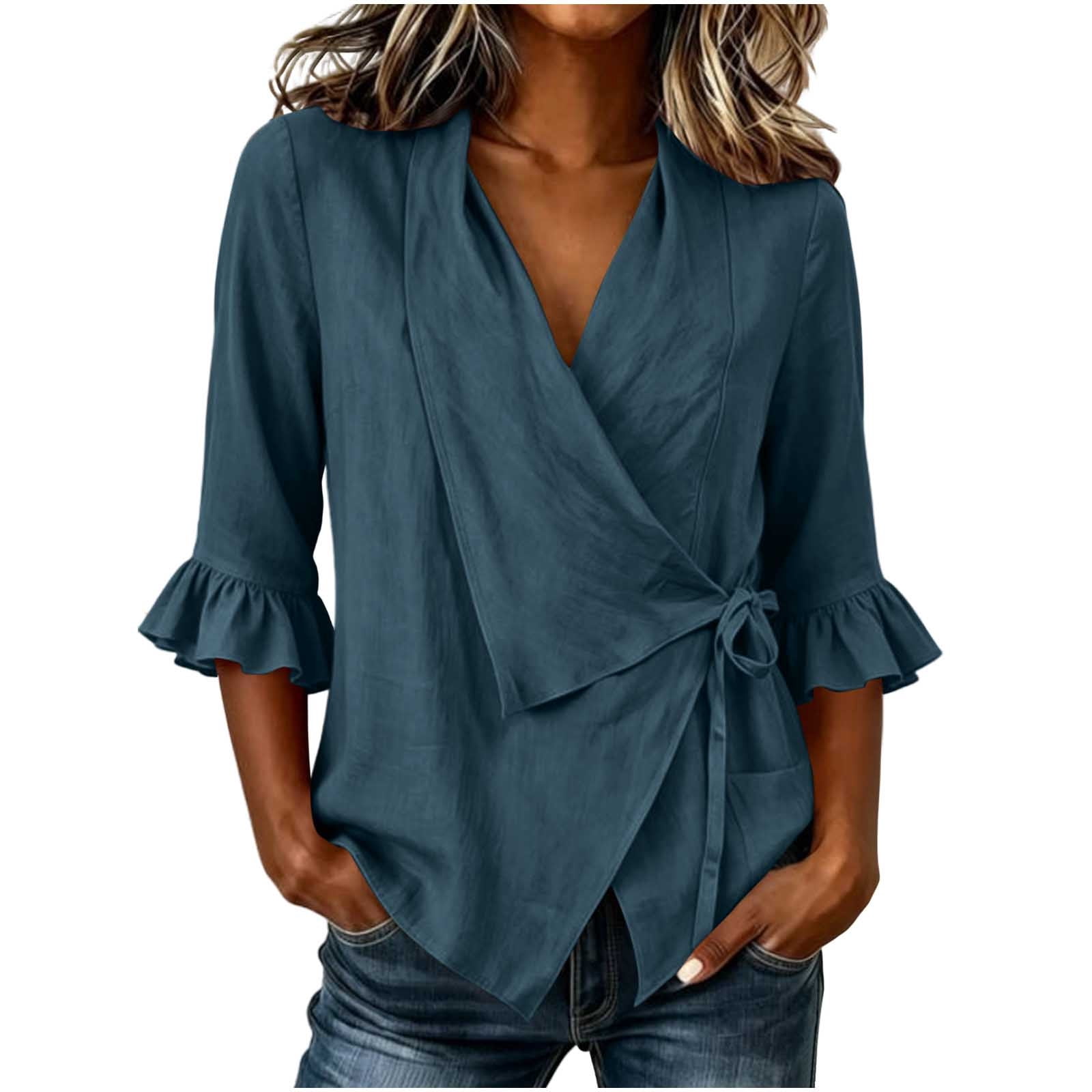 SSZMDLB Women V Neck 3/4 Sleeve Ruffle Wrap Tie Front Casual Boho ...