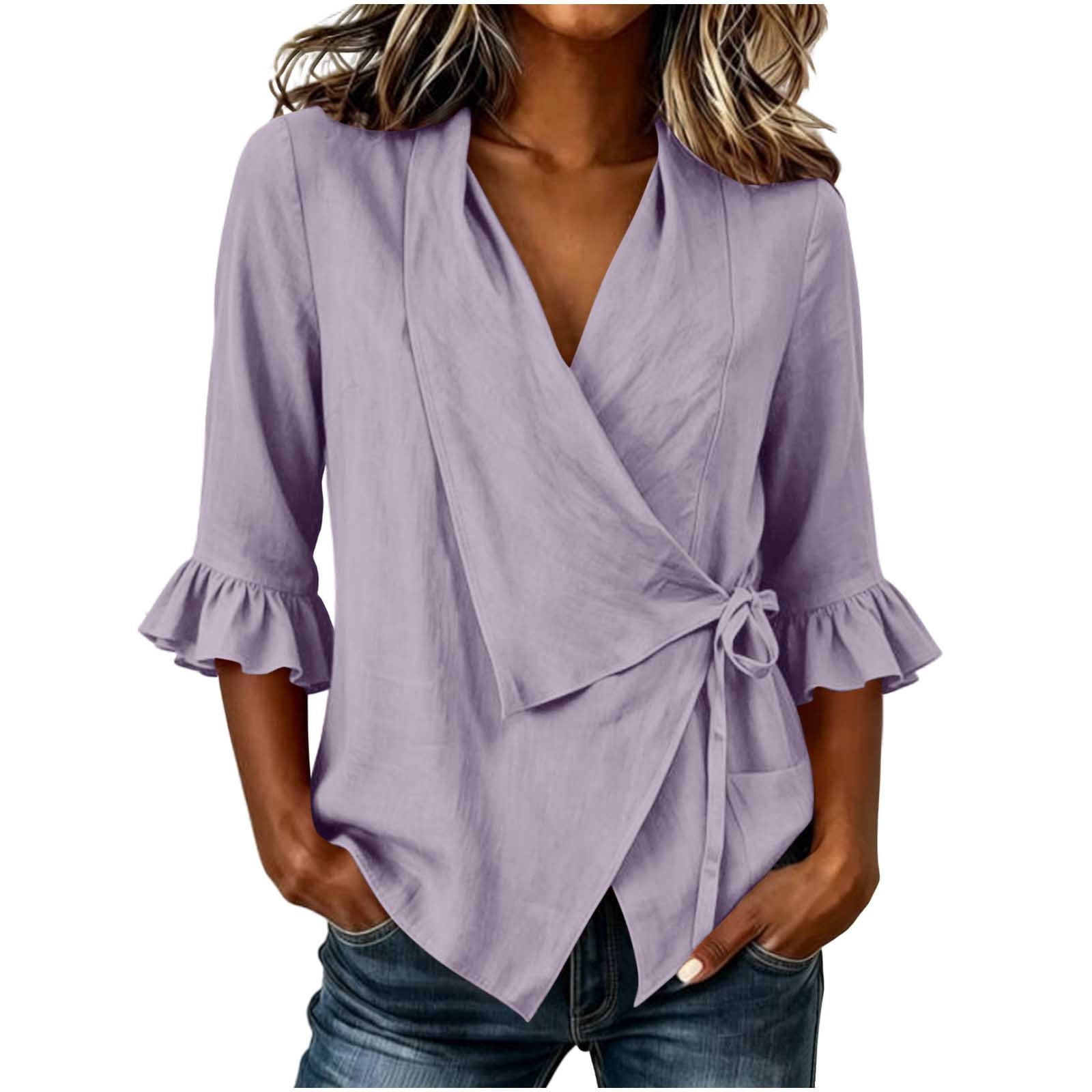 SSZMDLB Women V Neck 3/4 Sleeve Ruffle Wrap Tie Front Casual Boho ...