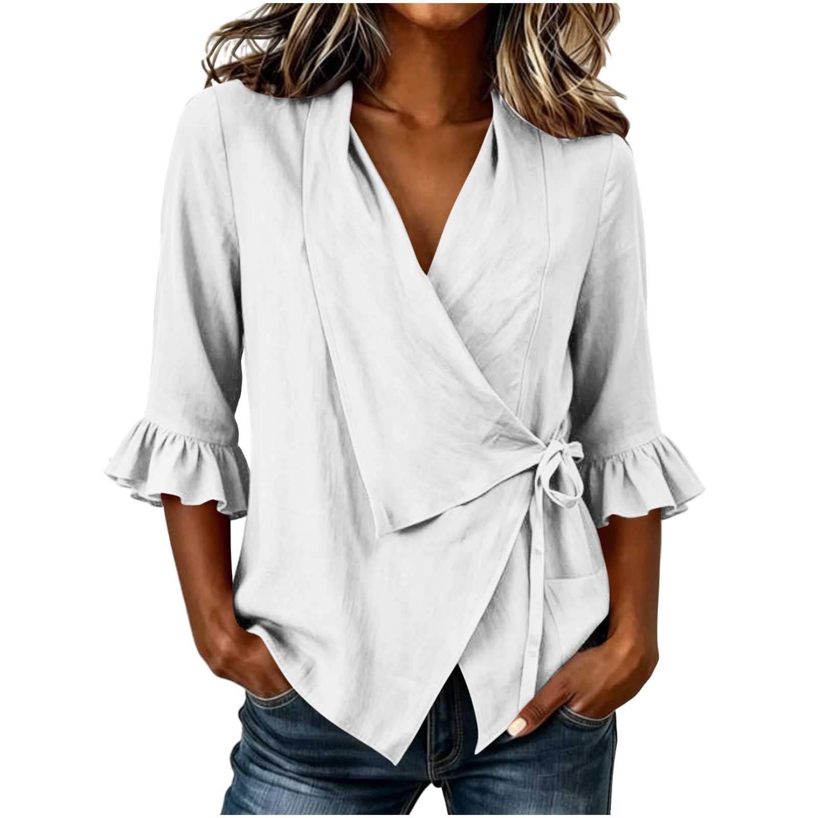 SSZMDLB Women V Neck 3/4 Sleeve Ruffle Wrap Tie Front Casual Boho ...
