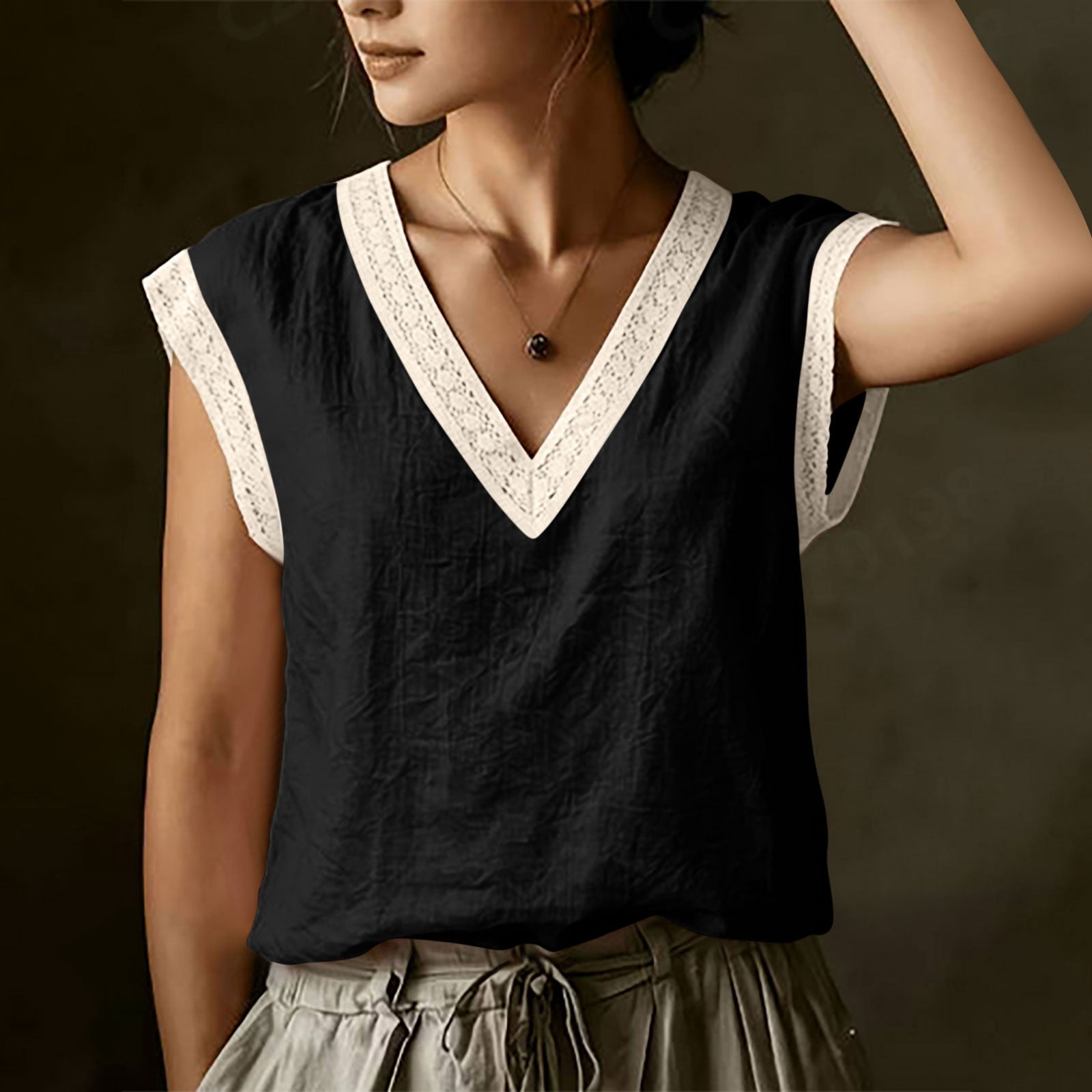 SSZMDLB Women V Neck Sleeveless Lace Trim Tank Top Casual Basic Tee ...