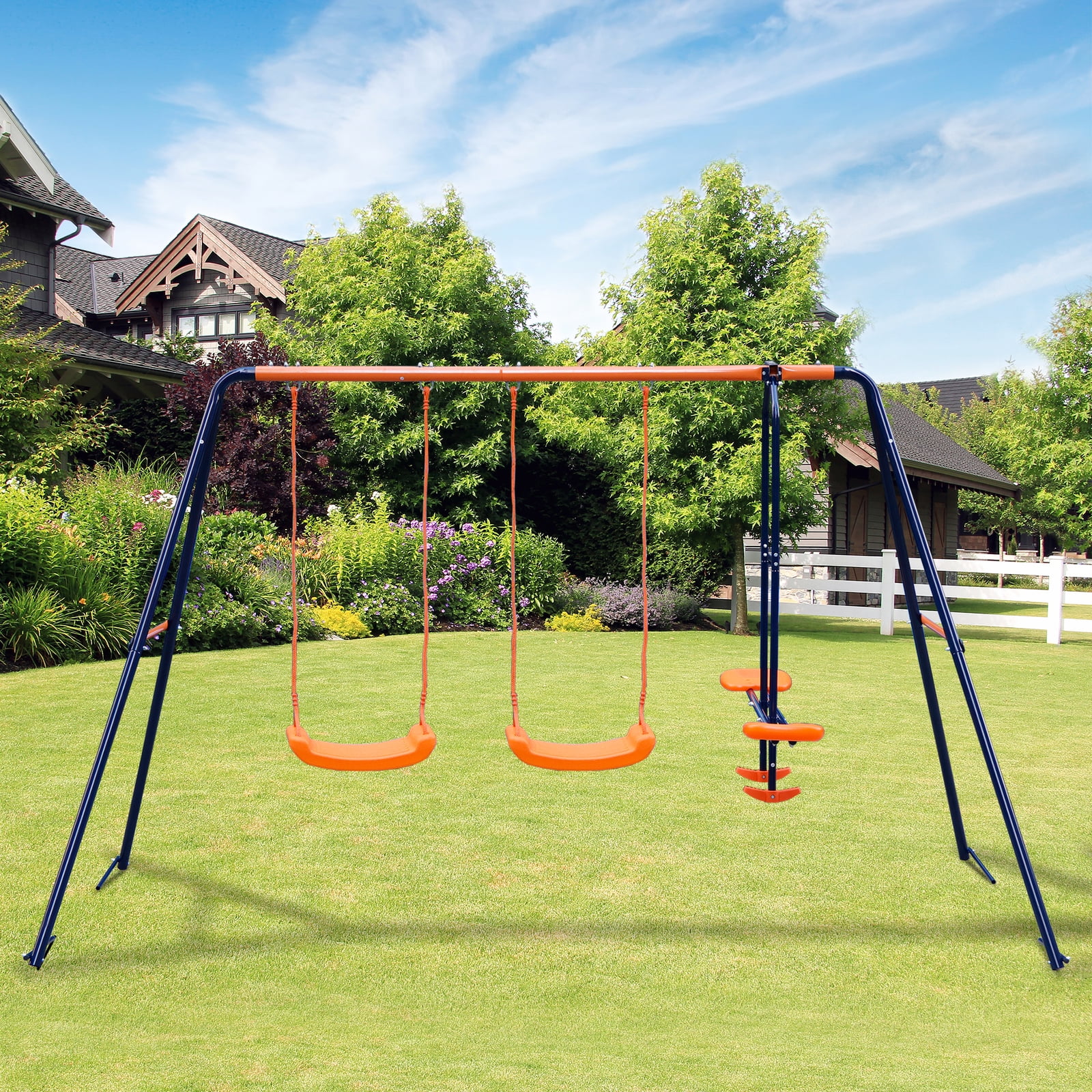 SSyao Double Swing Set Garden Swing Slider Set with 2 Swing Seats with ...