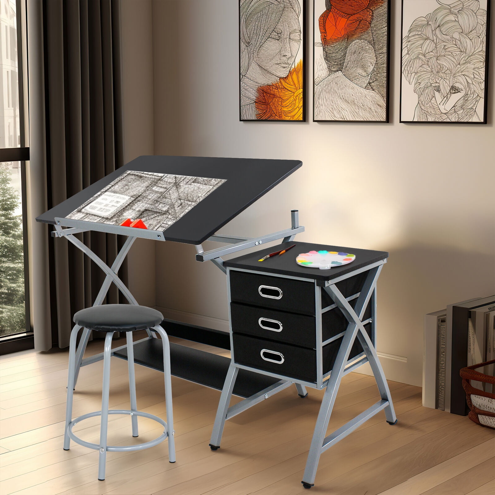 SSyao Drafting Table Design Drawing Desk Board Adjustable Storage Art ...
