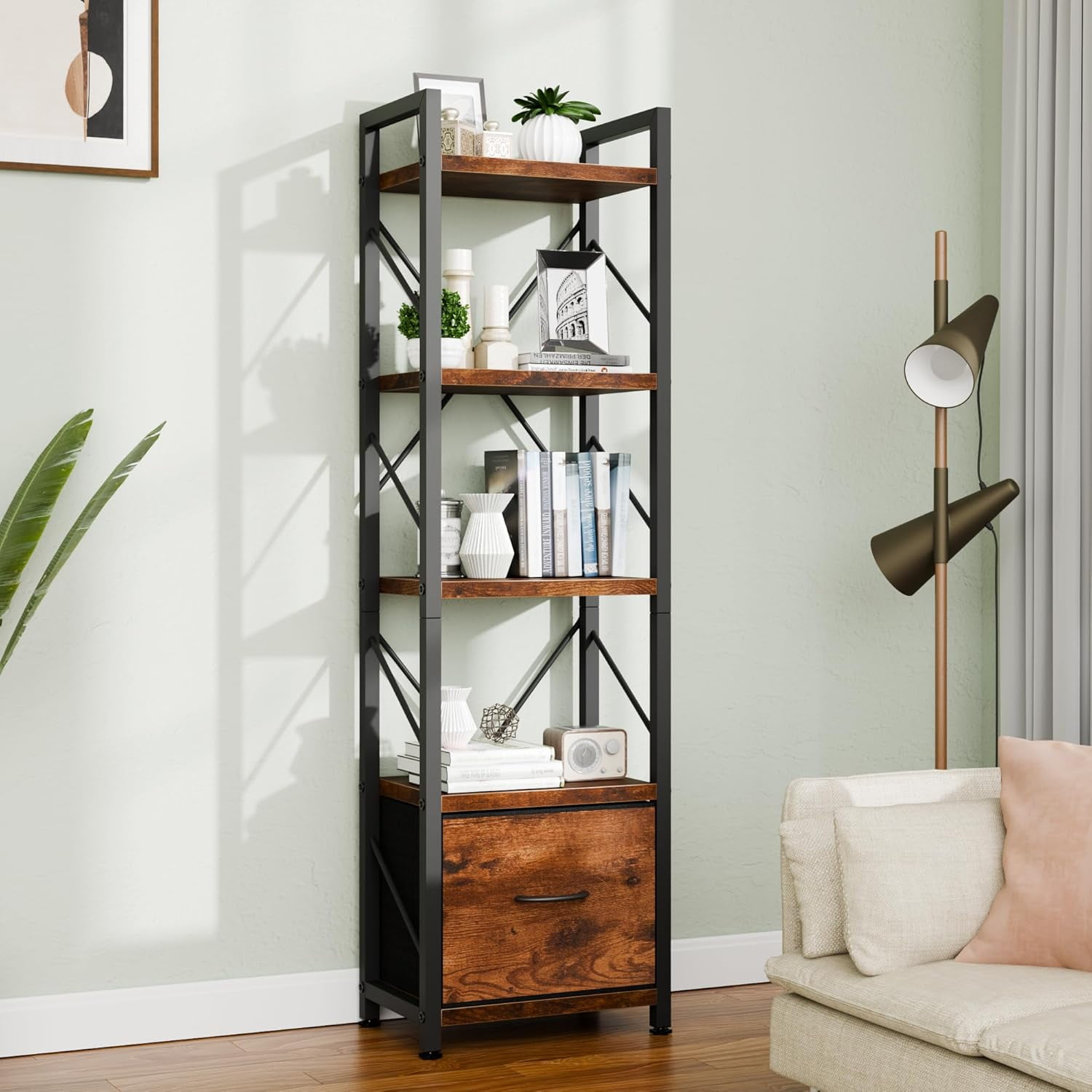 SSyao Ladder Bookshelf, Industrial Narrow Bookcase Display Shelf, Free ...