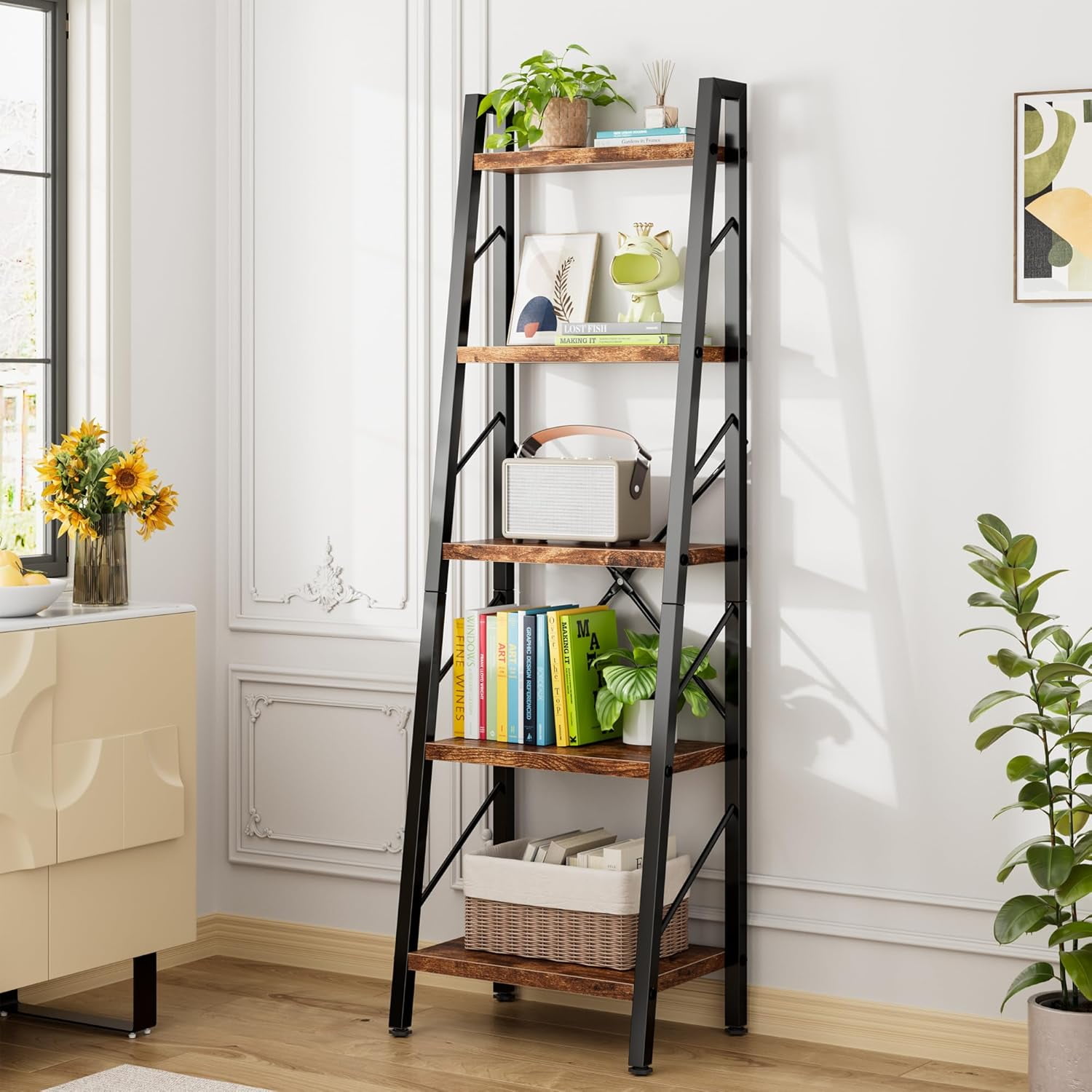 SSyao Ladder Bookshelf, Industrial Narrow Bookcase Display Shelf, Free ...