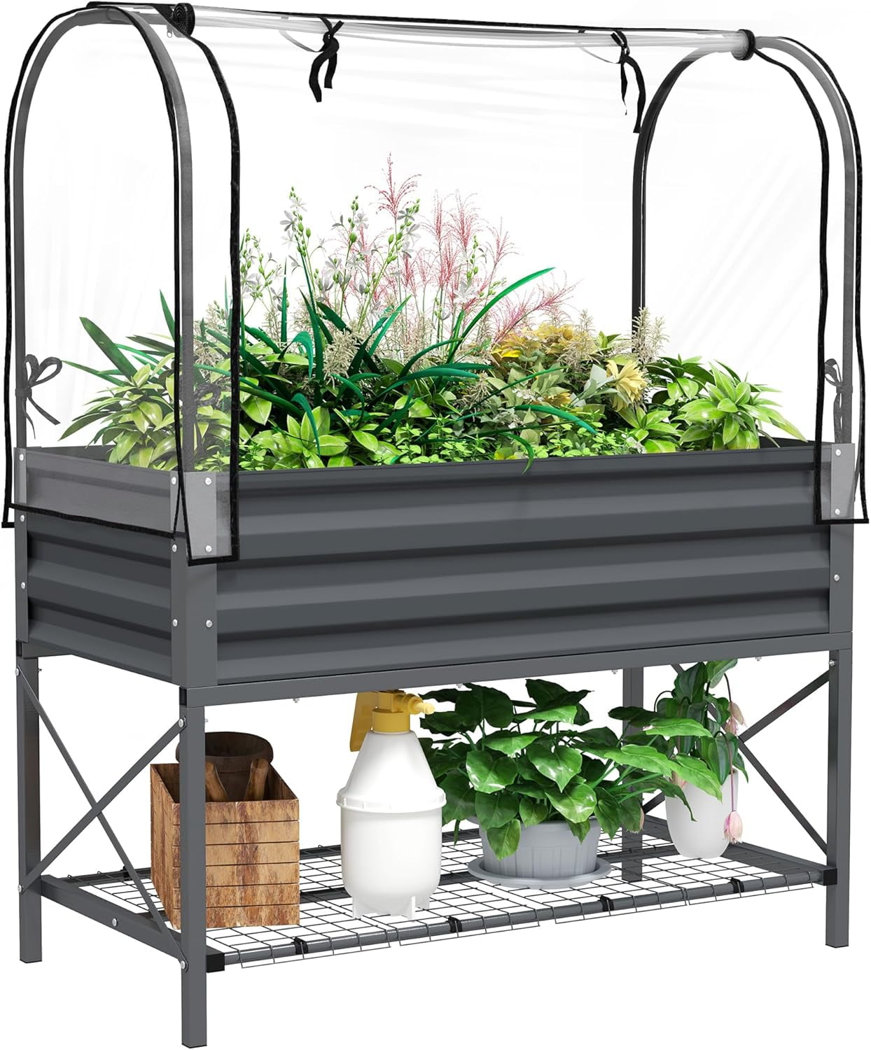 SSyao Raised Garden Bed with Cover and Storage Shelf, Rectangular ...