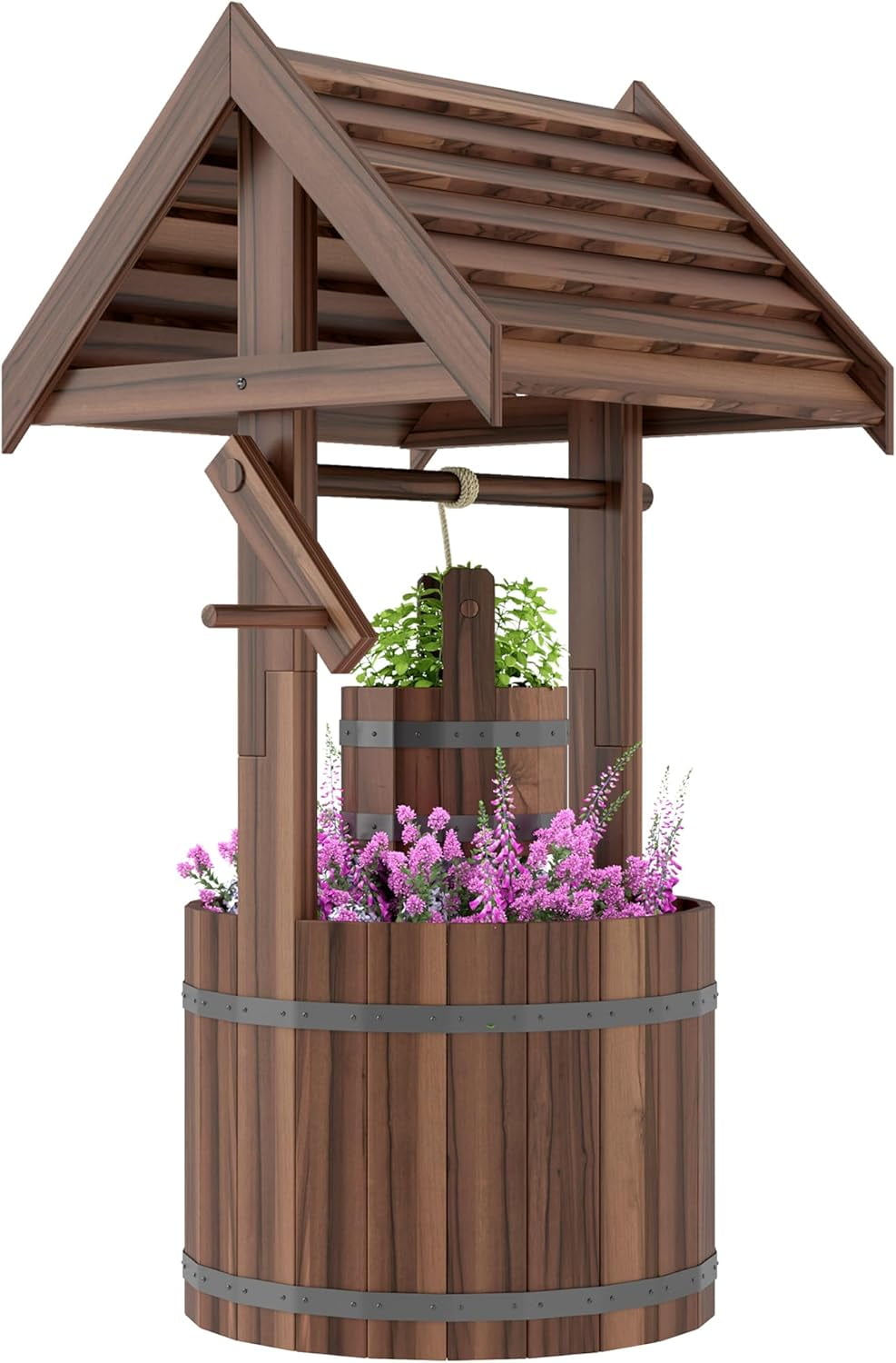 SSyao Wooden Wishing Well Planter with Adjustable Hanging Bucket ...