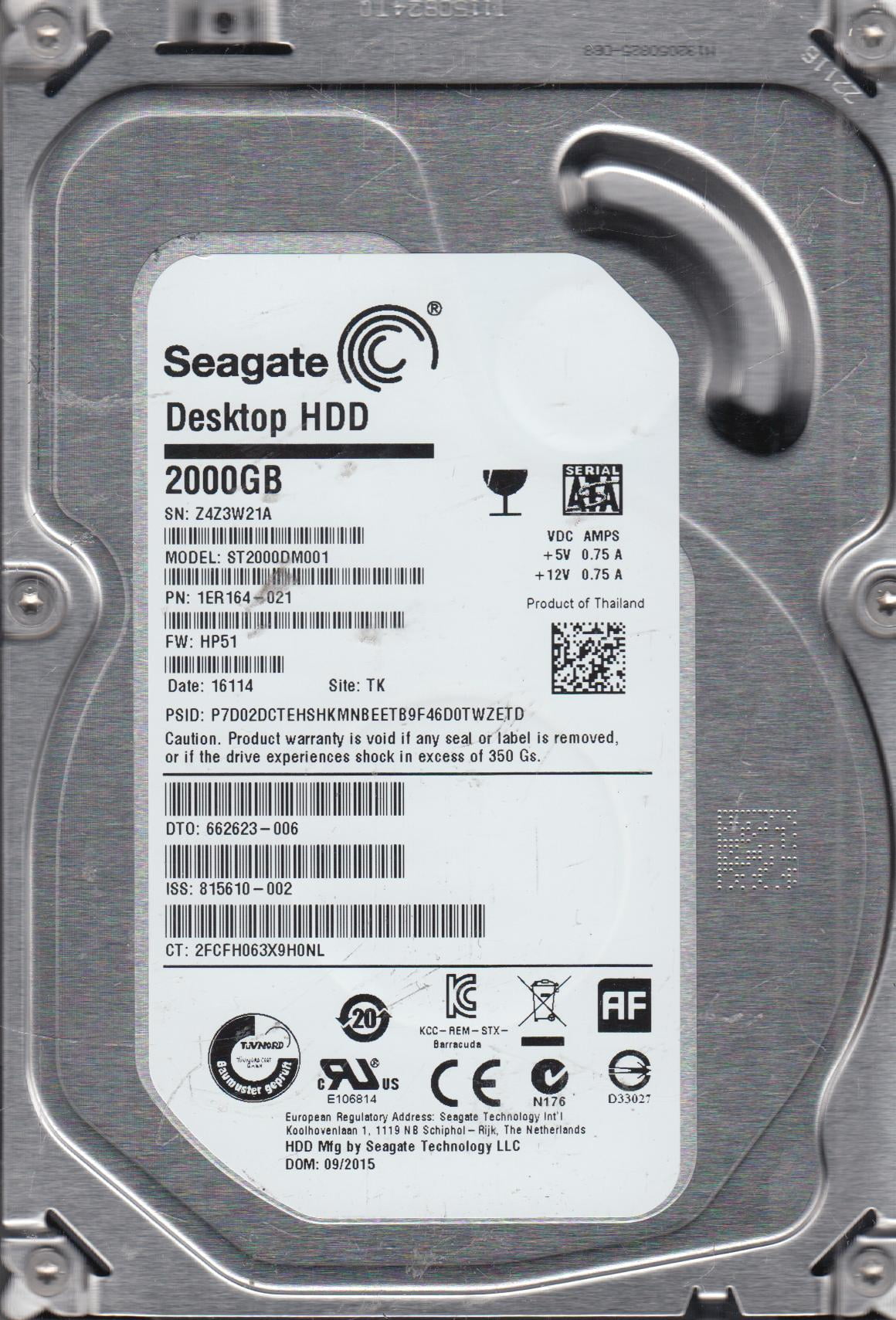 ST2000DM001, Z4Z, TK, PN 1ER164-021, FW HP51, Seagate 2TB SATA 3.5 Hard ...