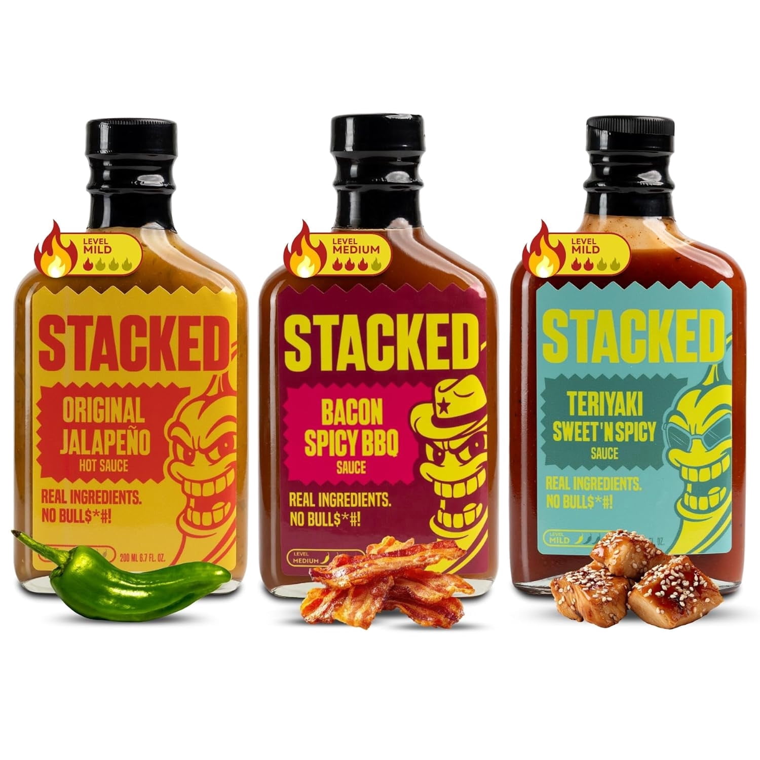 STACKED - Hot Sauce Variety Pack, Original Jalapeño, Bacon Spicy BBQ ...