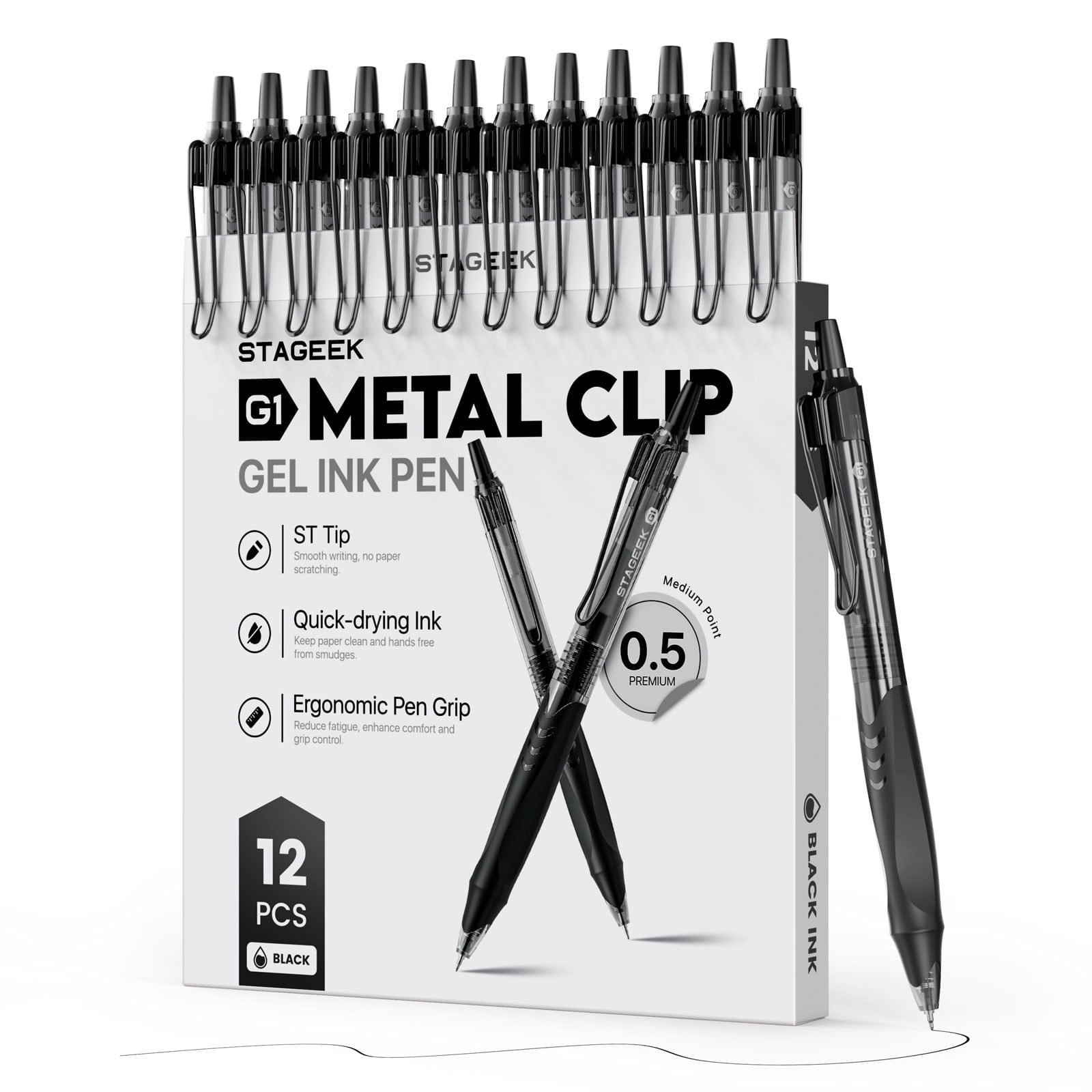 STAGEEK 12 Pack Black Gel Pens, Quick Dry Black Ink Pens, 0.5mm Fine Point Retractable Smooth ...