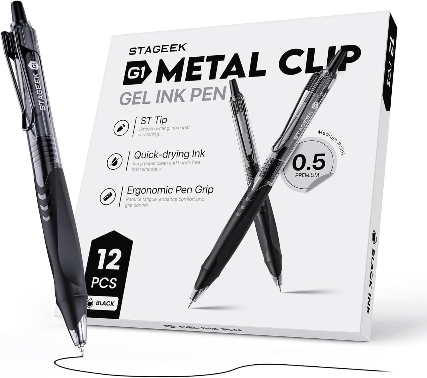 STAGEEK 12 Pack Black Gel Pens, Quick Dry Black Ink Pens, 0.5mm Fine ...