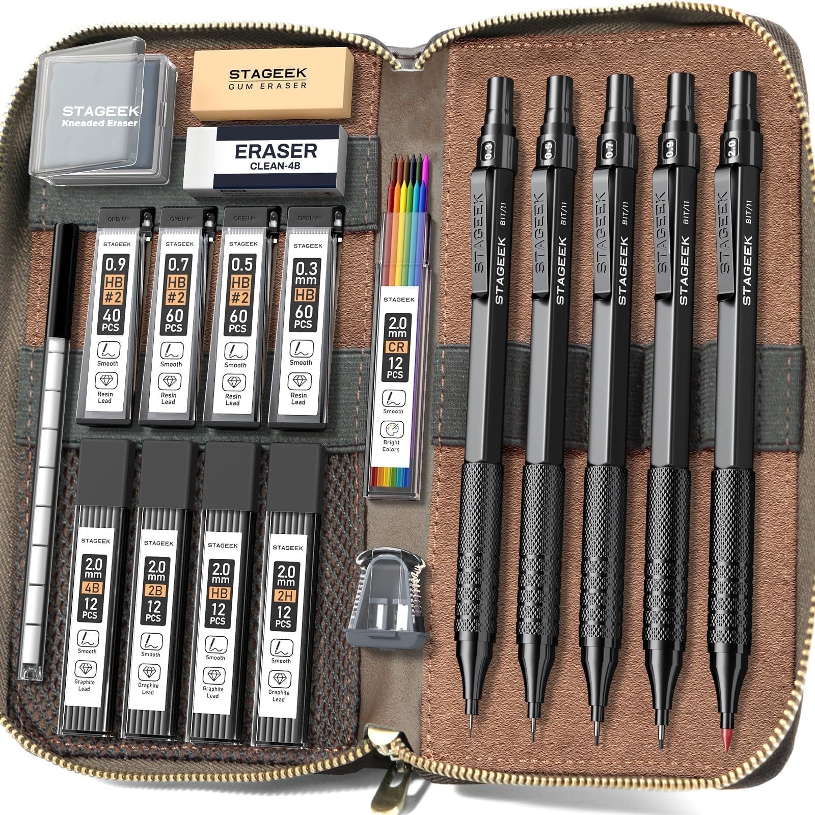 STAGEEKC Metal Mechanical Pencil Set in Leather Case, 5PCS Art Drafting ...