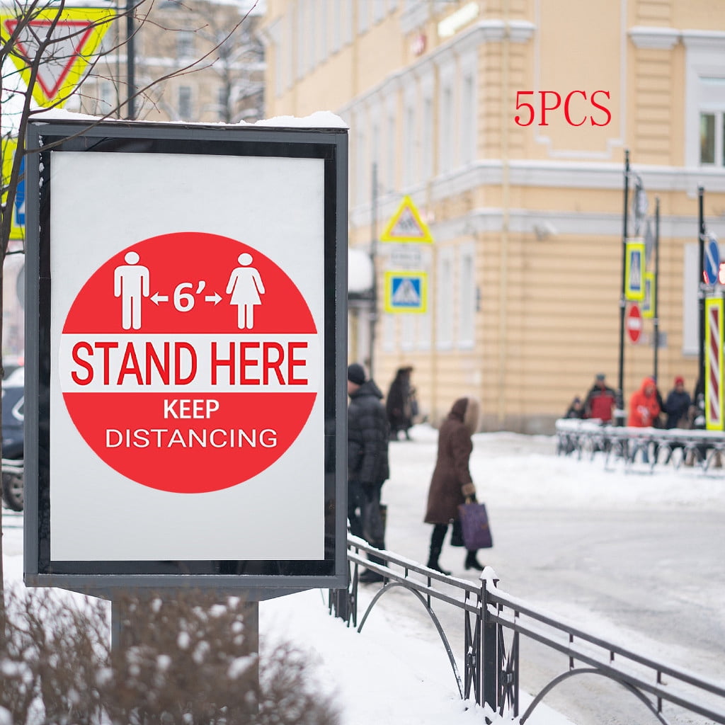 STAND HERE KEEP DISTANCING Floor Decals 5 Pack 30cm Circle Self ...