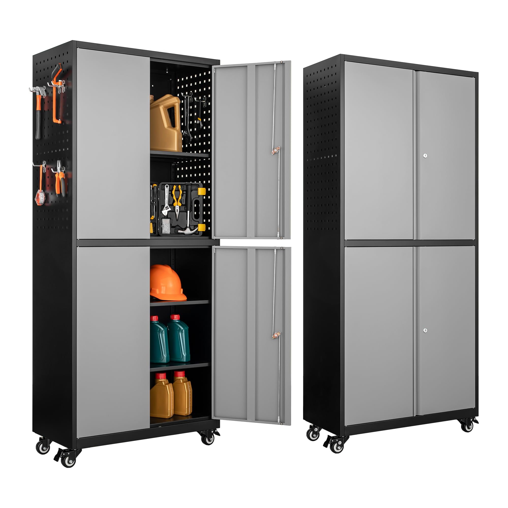 STANI Metal Garage Storage Cabinet with Wheels and Pegboard, Rolling ...