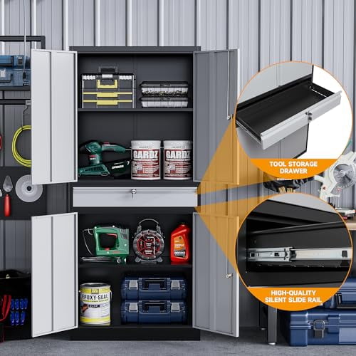 STANI Metal Garage Storage Cabinets with Drawer, 4 Doors Tool Storage ...