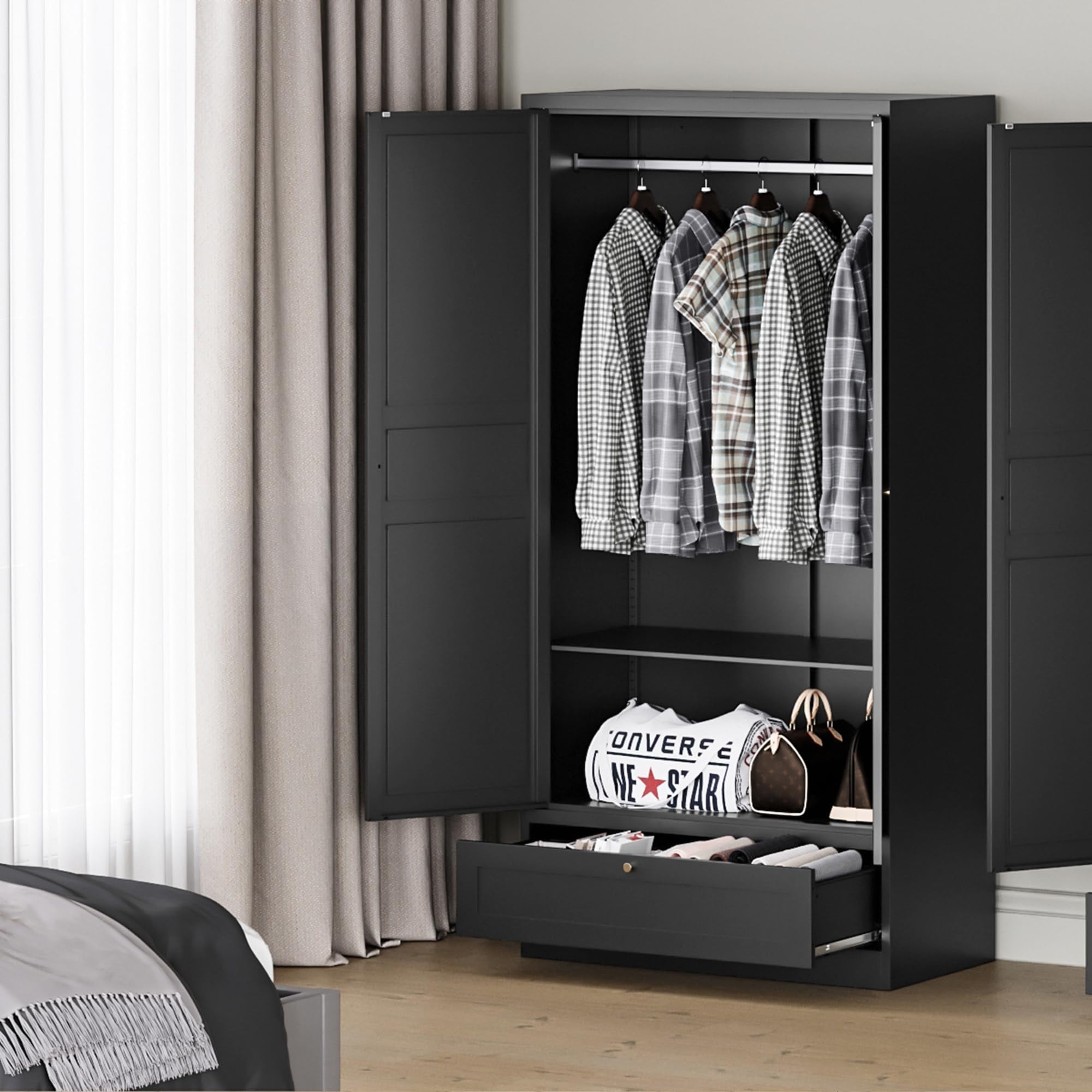 STANI Metal Wardrobe Closet with Hanging Rod, 72" Black Armoire ...