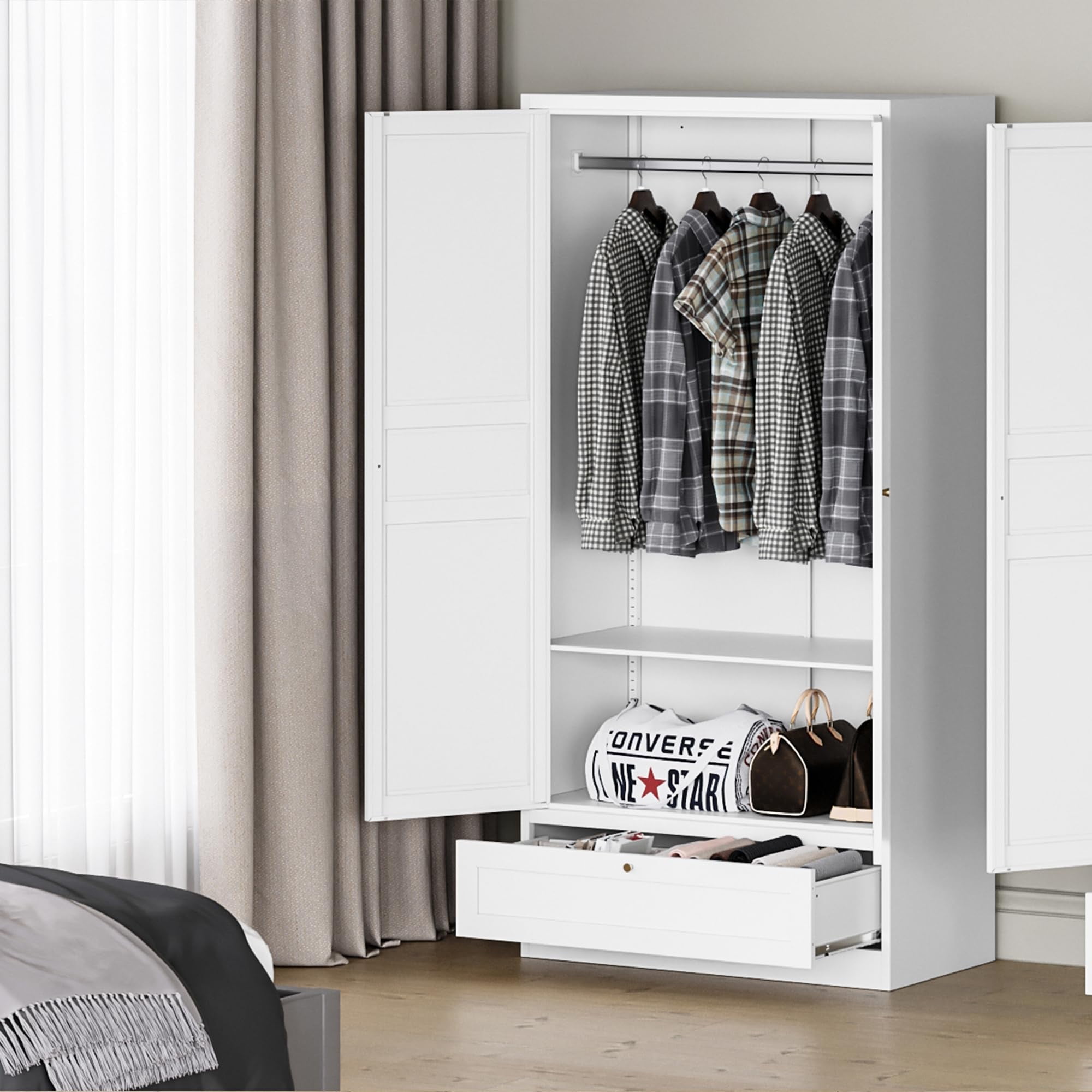 STANI Metal Wardrobe Closet with Hanging Rod, 72" White Armoire ...