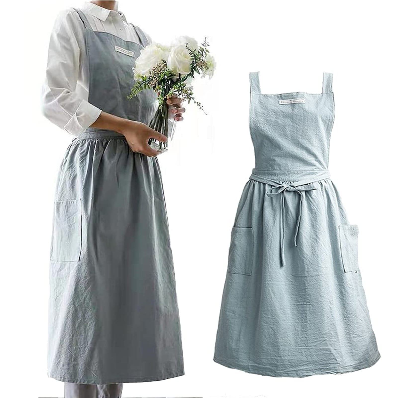 STAOEDU Cotton Linen Apron Cross Back Work Apron for Women with Pockets ...