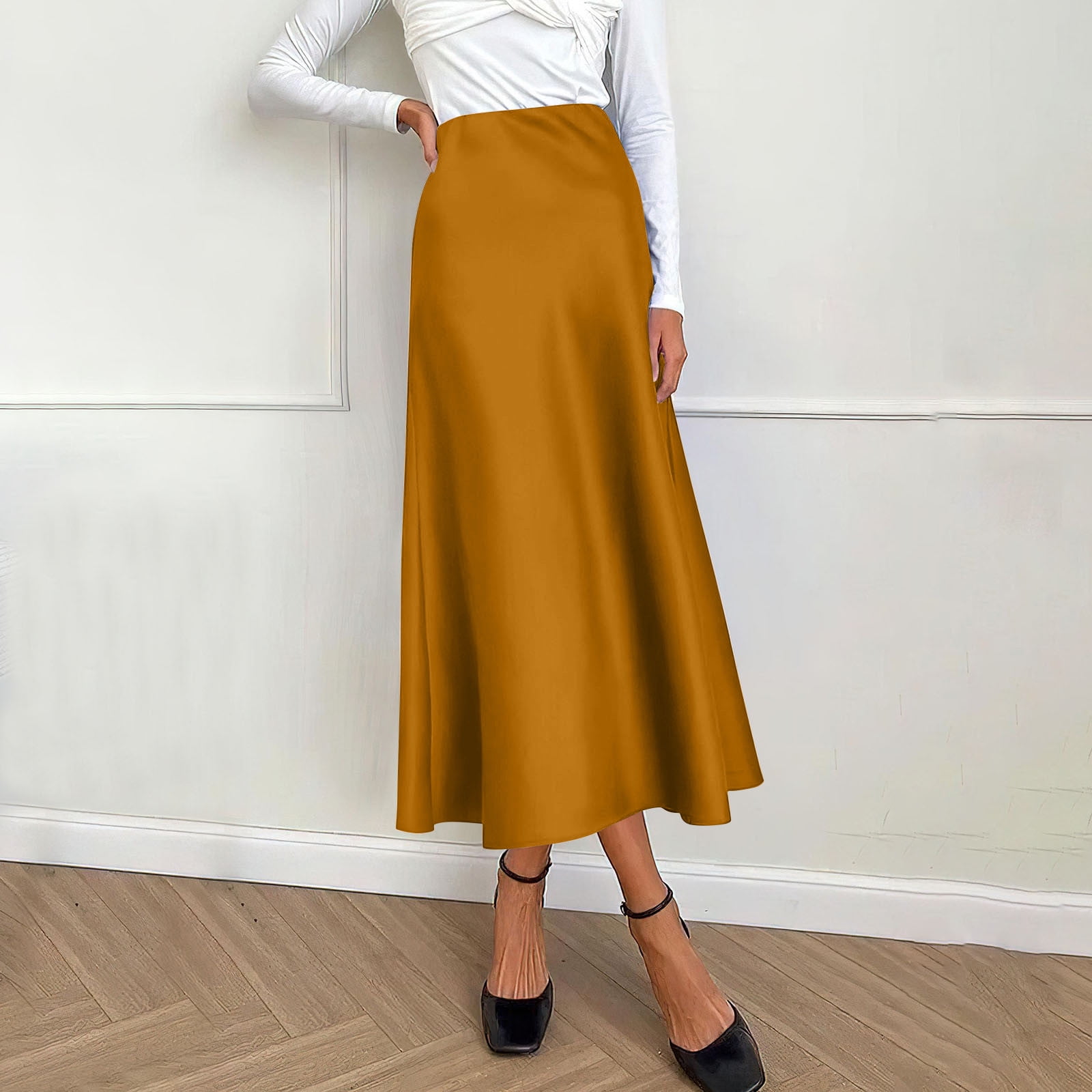 STAOEDU Womens High Waist Midi Skirt Fishtail Silky Satin Skirt Work ...