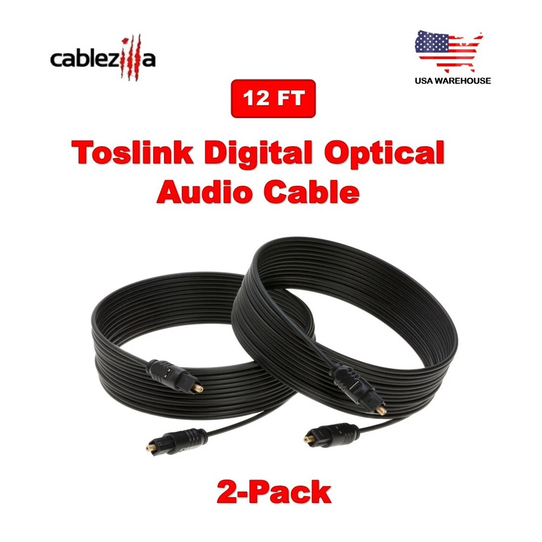 STAR- 2-Pack - 12Ft Toslink Digital Optical Audio Cable Spdif Fiber ...