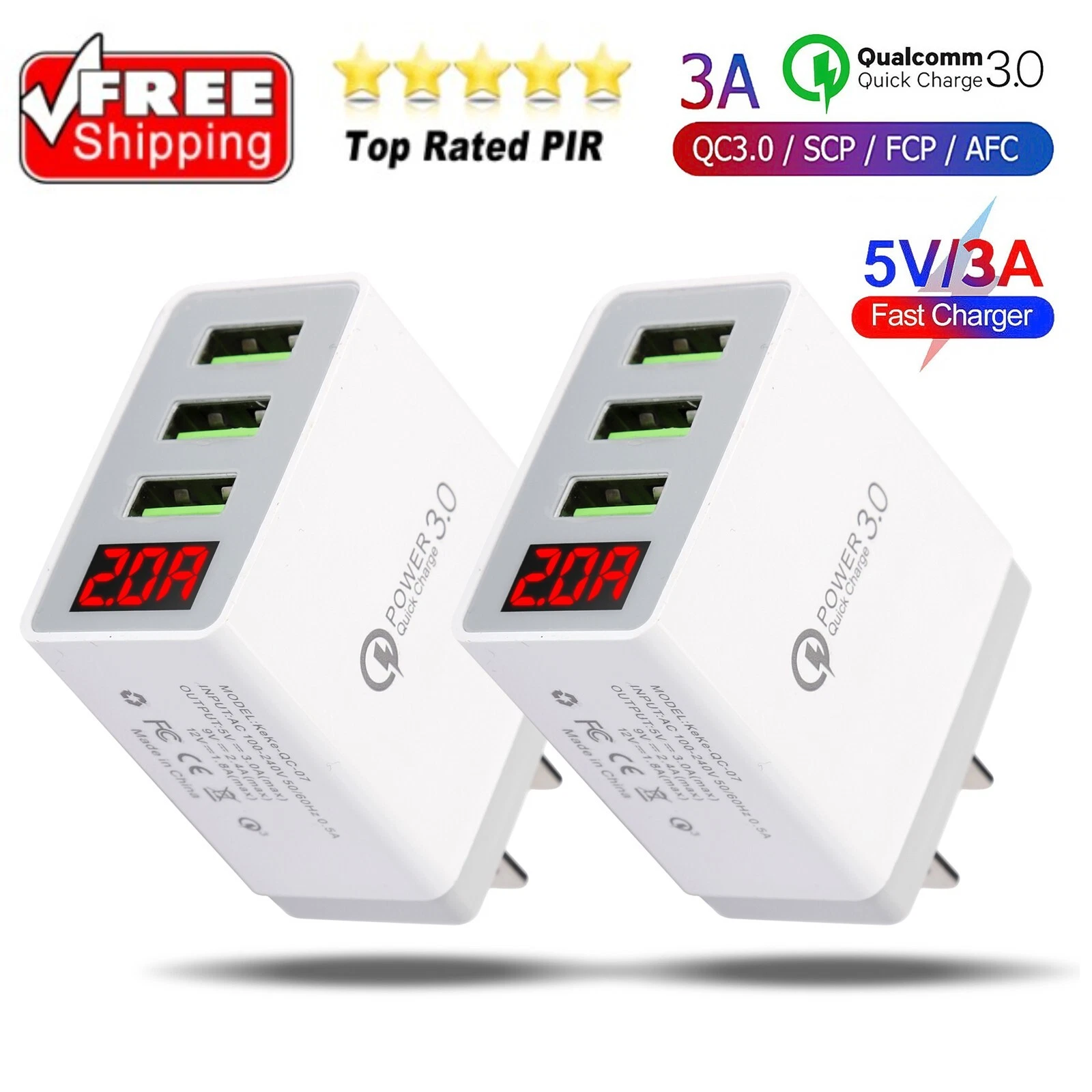 STAR- 2Pcs 3-Port Fast Quick Qc 3.0 Usb Hub Wall Charger Power Charge ...