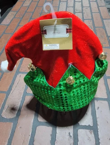 STAR- Christmas Elf Hat With Bells And Sequin Cuff Red And Green With ...