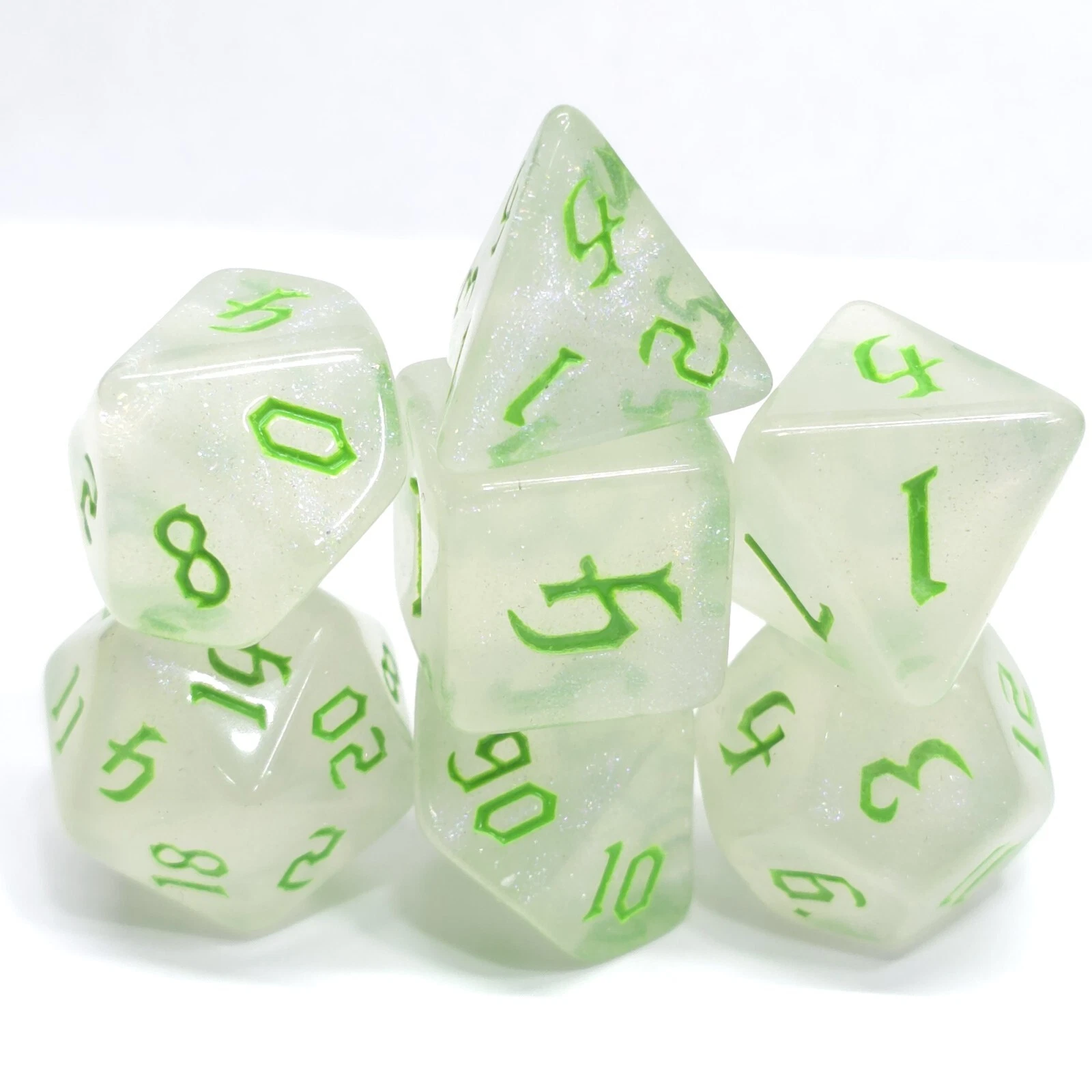STAR- New 7 Piece Polyhedral Aurora The Chaos Green Font Dice Set W ...