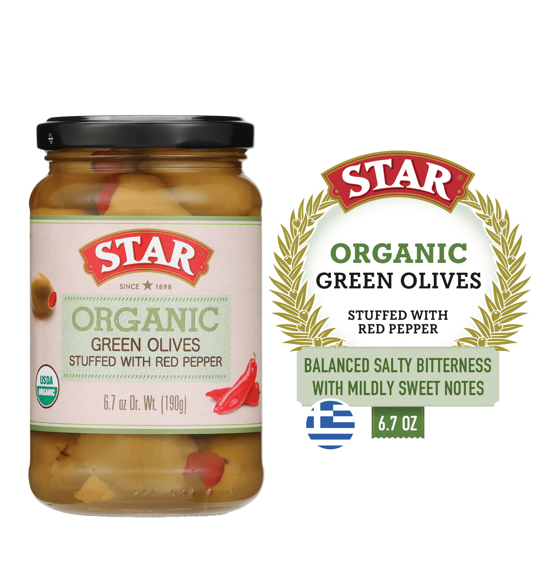 STAR Queen Organic Green Olives with Pimento, 6.7oz Glass Jar - Kosher ...