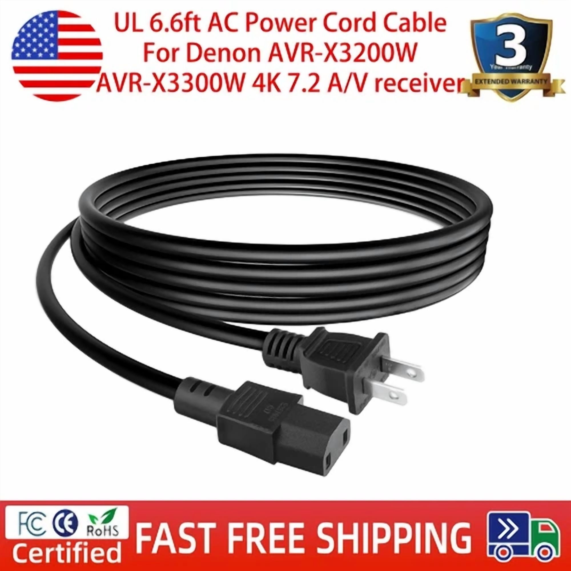 STAR- Ul 6.6Ft Ac Power Cord Cable For Denon Avr-X3200W Avr-X3300W 4K 7 ...