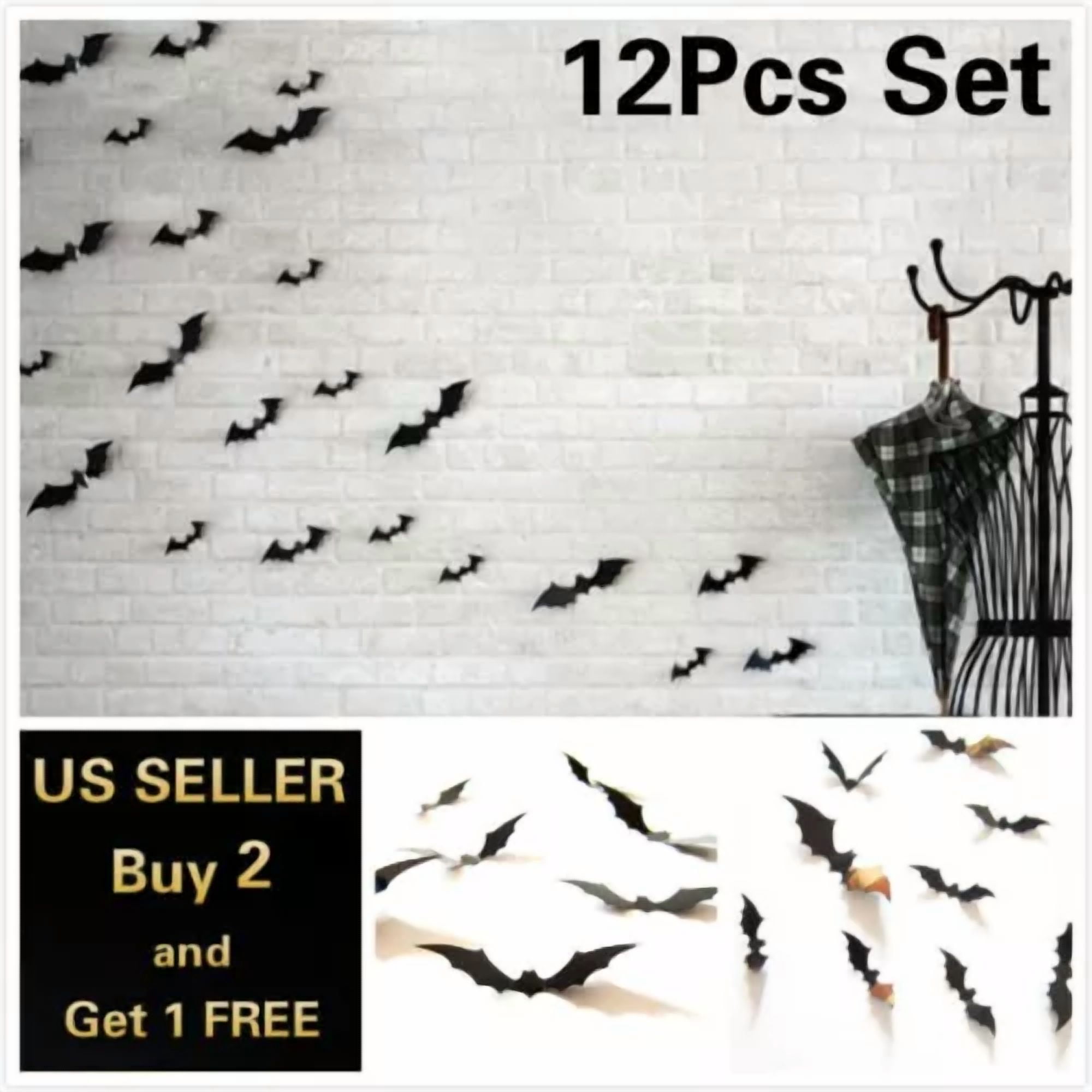 STARLIGHT- 12Pcs 3D Bats Wall Stickers Vinyl Window Party Outsides Yard ...