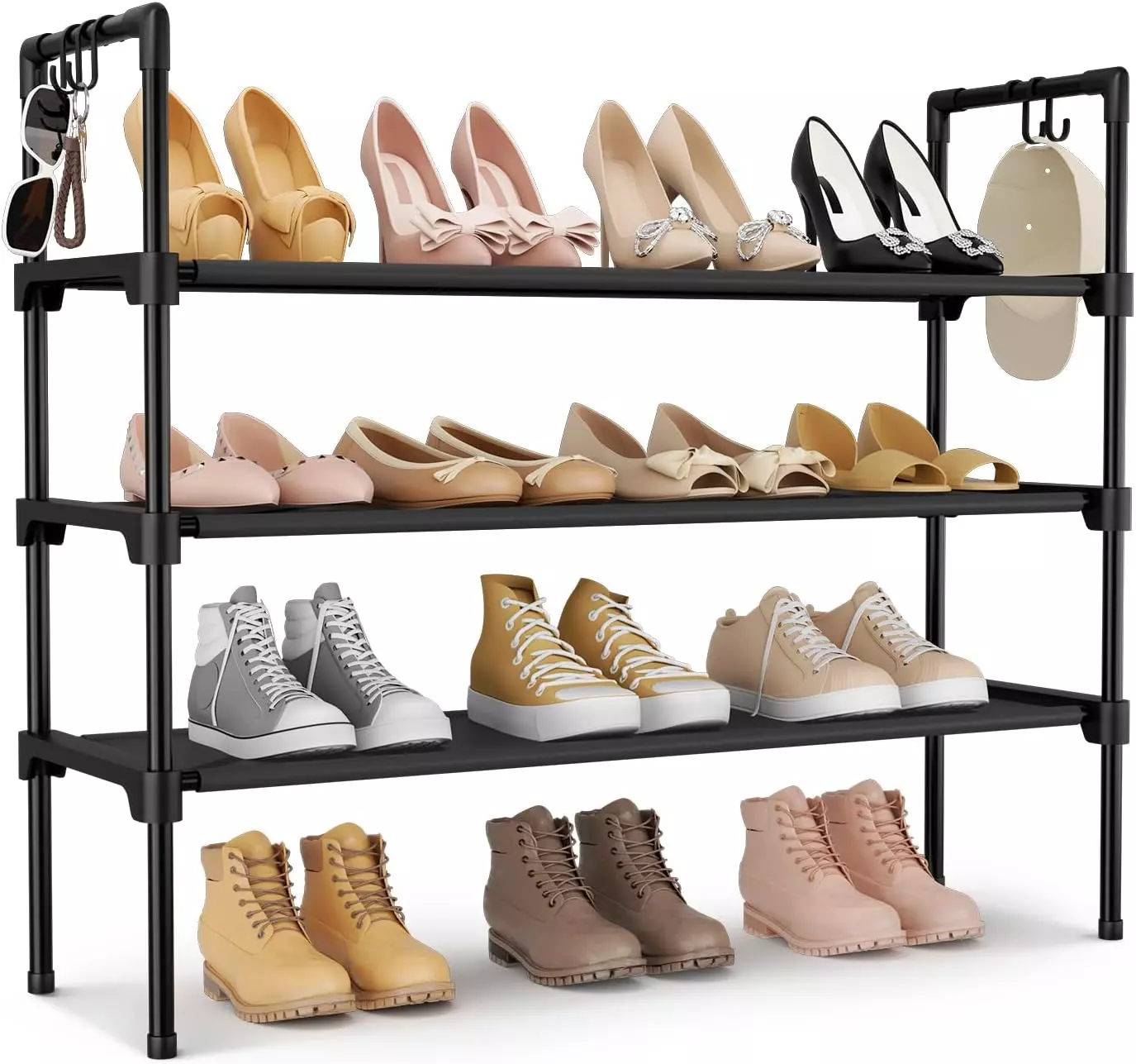 STARLIGHT- 3 Tier Shoe Rack For Closet, Shoe Organizer With 5 Hooks ...
