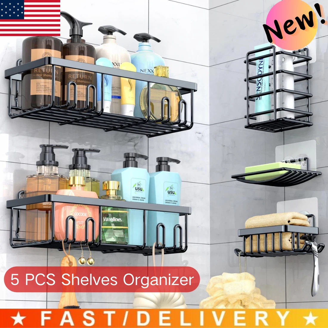 STARLIGHT- 5 Pack Shelves Adhesive Shower Organizer No Drilling ...