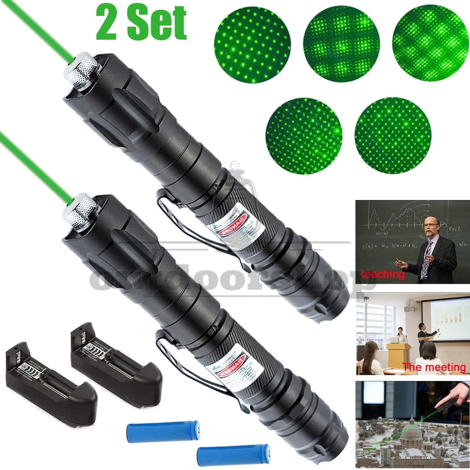 STARLIGHT- 6000Mile Green Laser Pointer 2Pc Adjustable Beam Light Torch ...