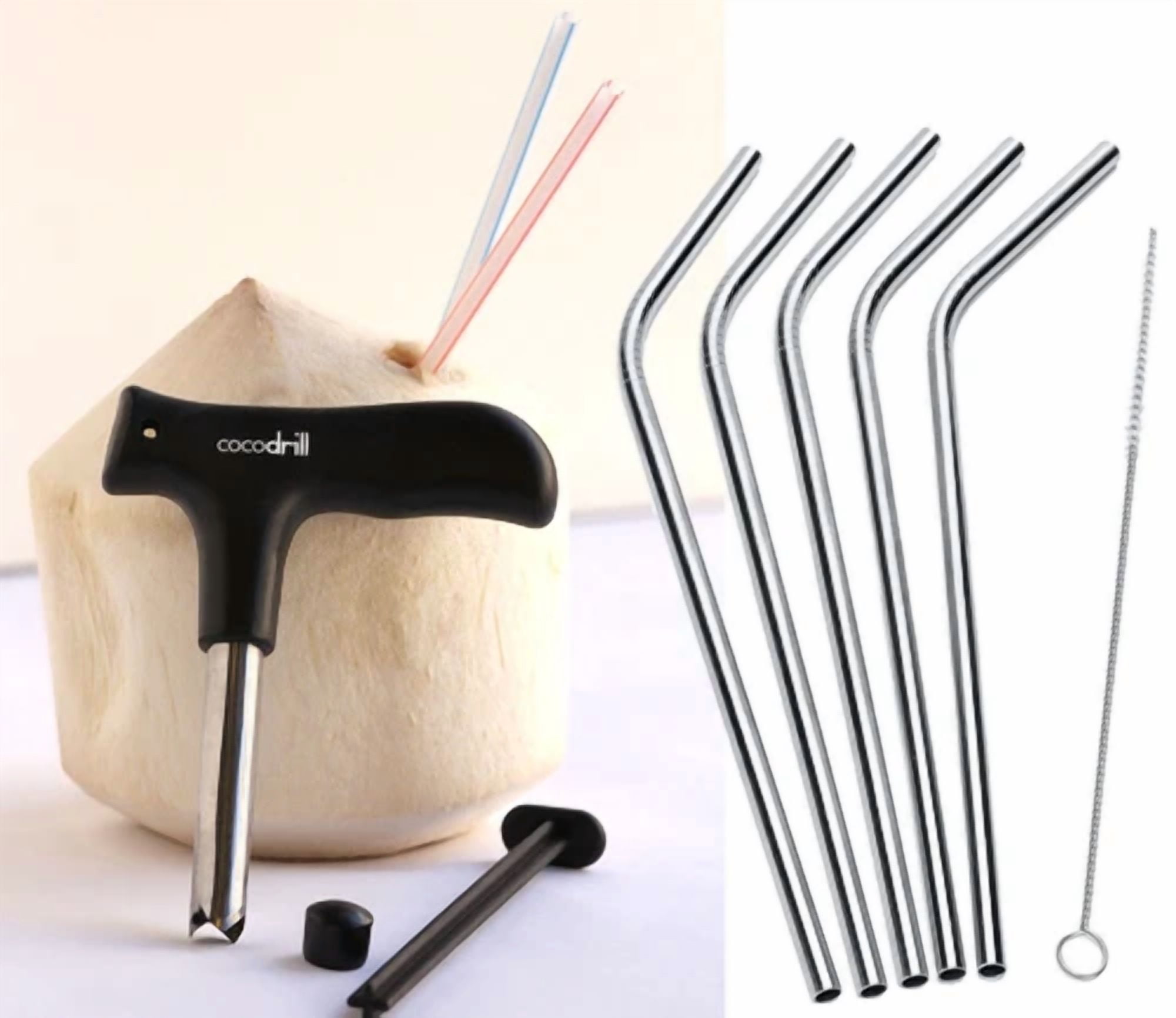 STARLIGHT- Cocodrill Coconut Opener Tool + 5 Reusable Stainless Steel ...