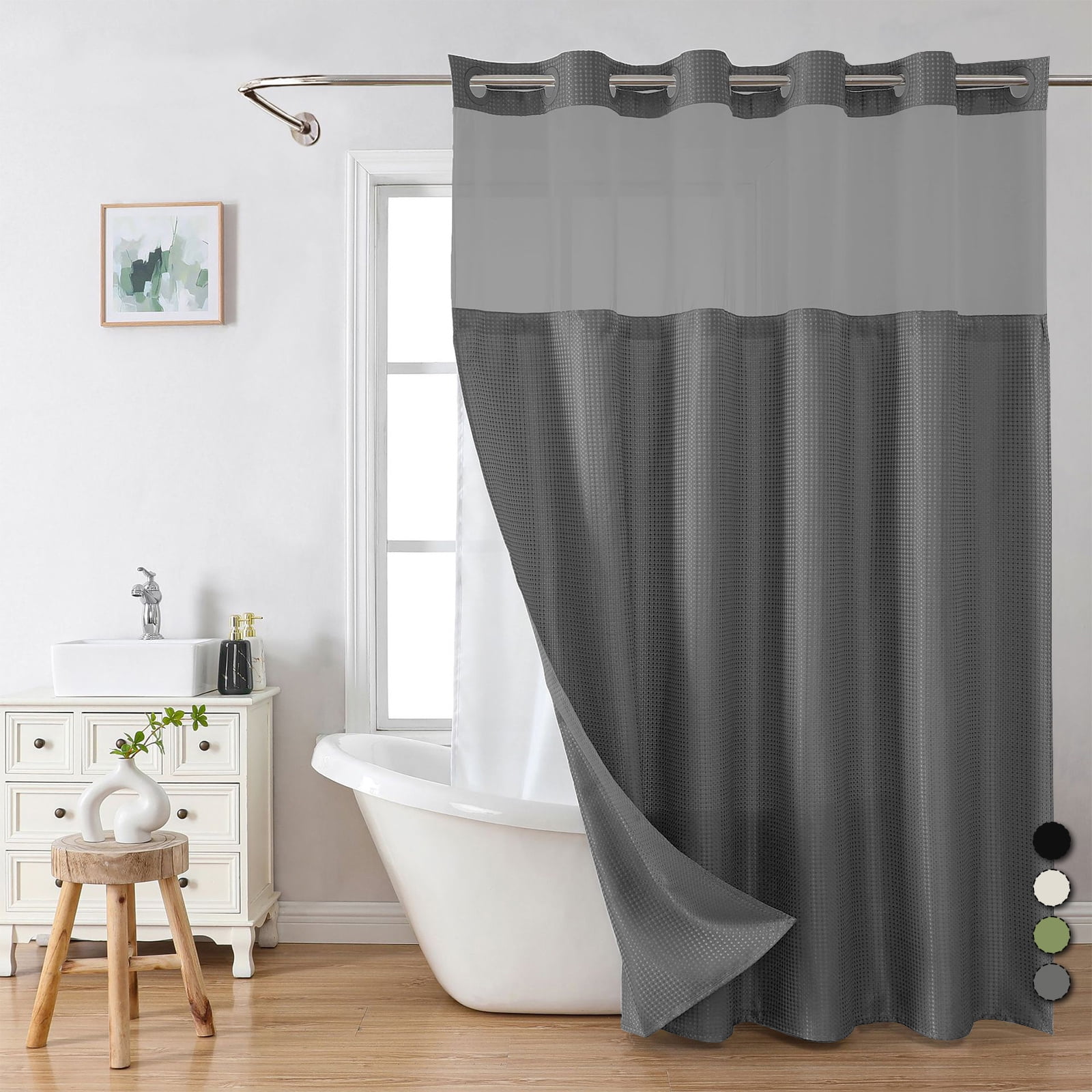 STAROAD Gray No Hooks Required Shower Curtain with Snap in Liner ...
