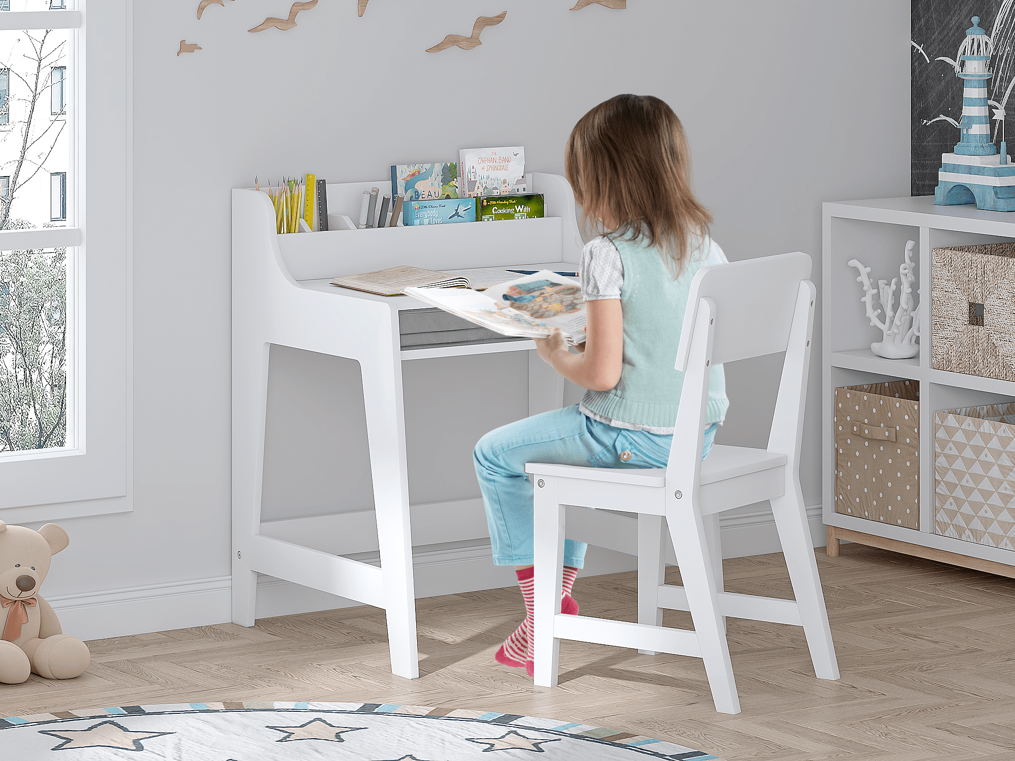 STAROUS Kids Study Desk with Storage Bin, White Activity Table and ...