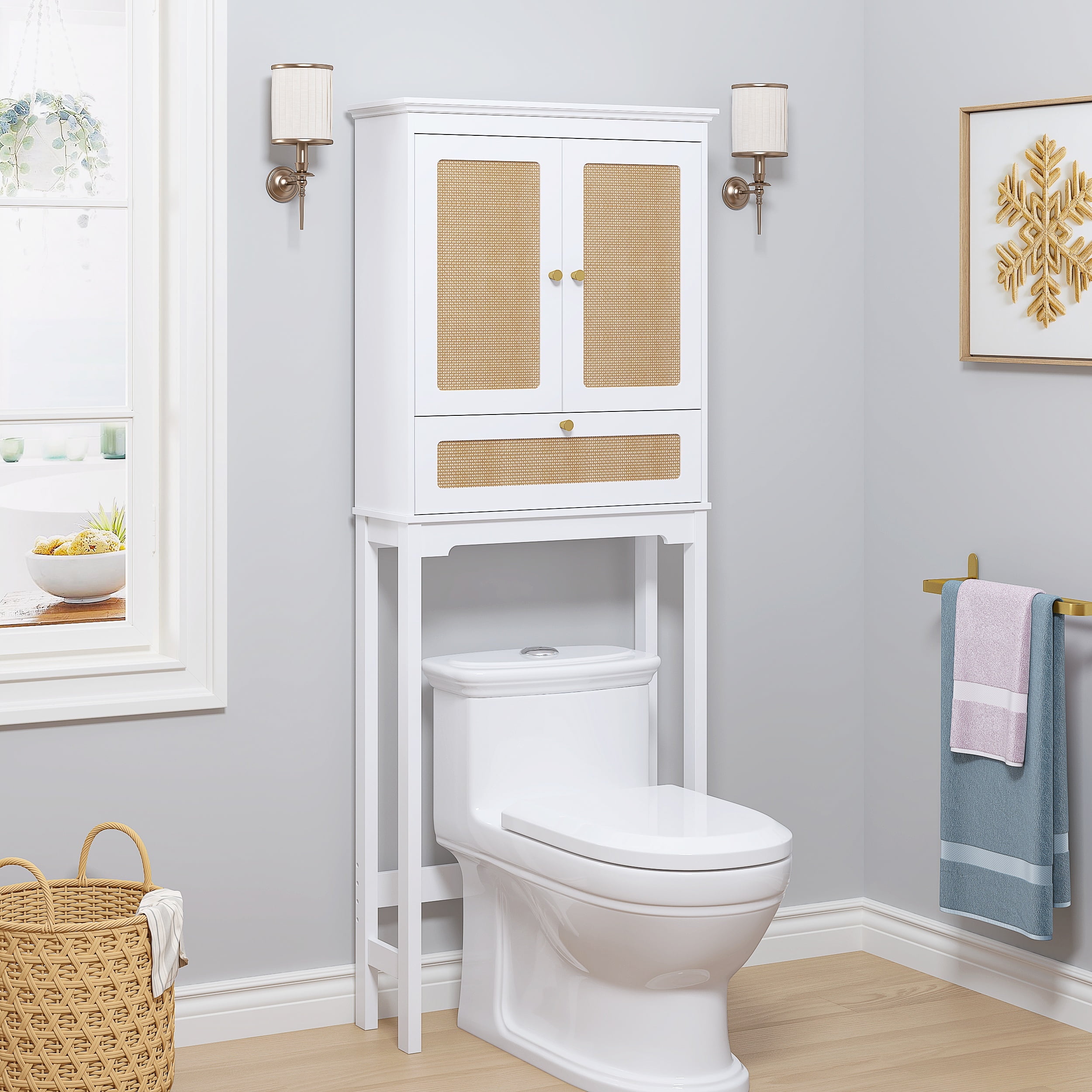 STAROUS Rattan Over-Toilet Cabinet with Tilt-Out Cube & Adjustable ...
