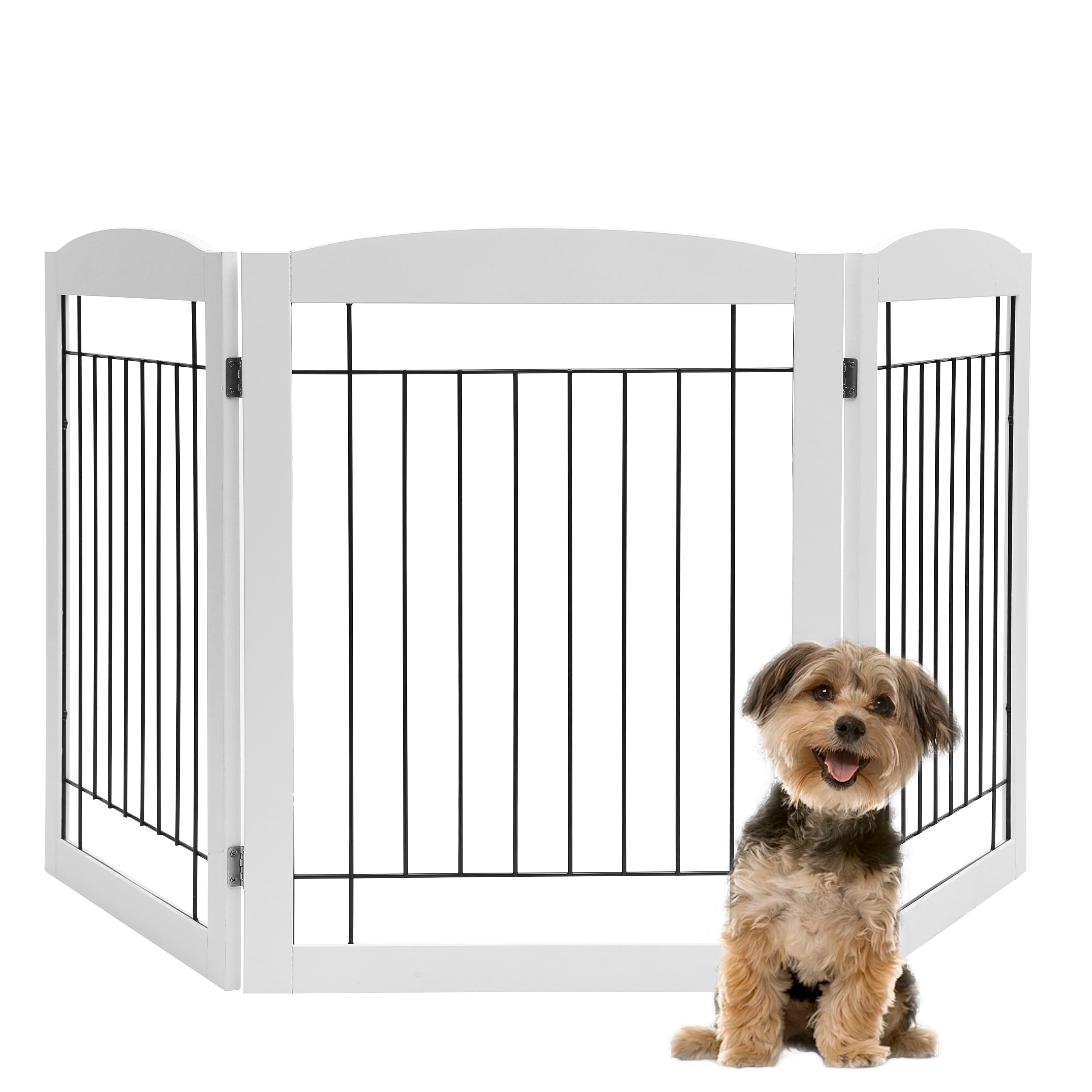 STAROUS Wooden Freestanding Wire Pet Gate for Dogs, 3 Panel Step Over ...