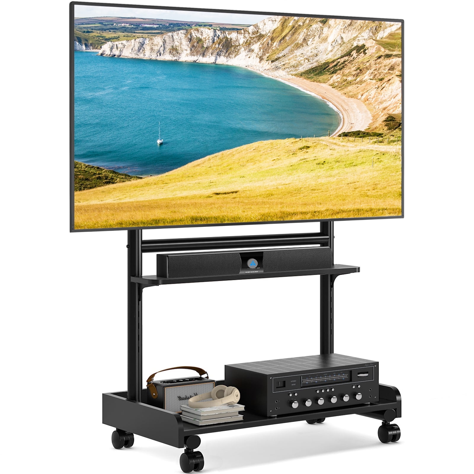 TAVR Furniture Mobile Rolling TV Stand with Wooden Storage Shelf for 40 ...