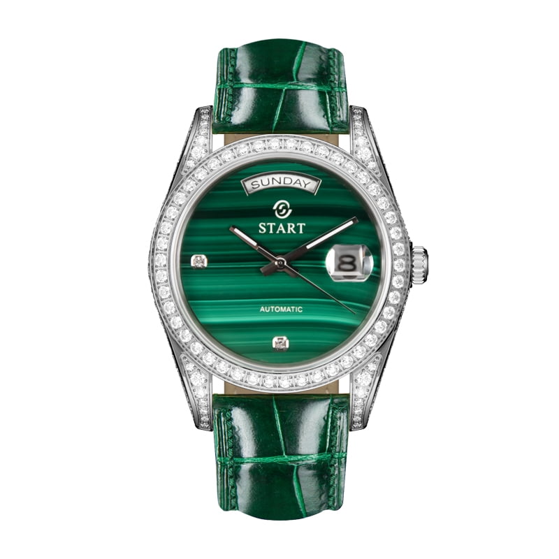 【START】Malachite Men's Watch Swiss Fully Automatic Mechanical Movement Diamond Watch Date Week ...