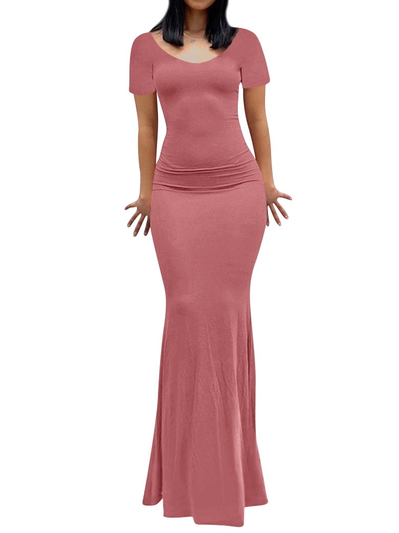 STARVNC Women Boat Neck Short Sleeve Bodycon Fishtail Maxi Dress ...